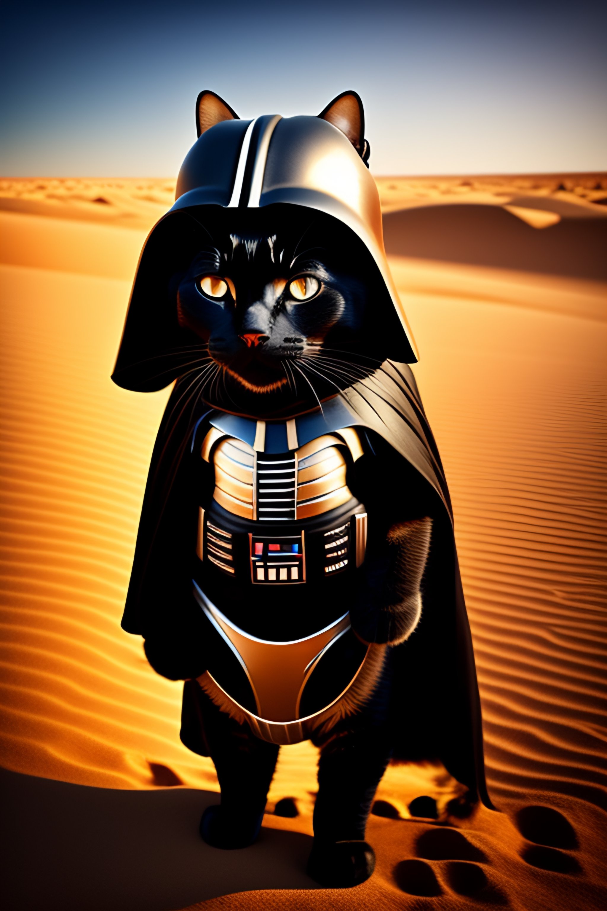 Lexica - Cute cat dressed as Darth Vader on Tatooine, desert world ...