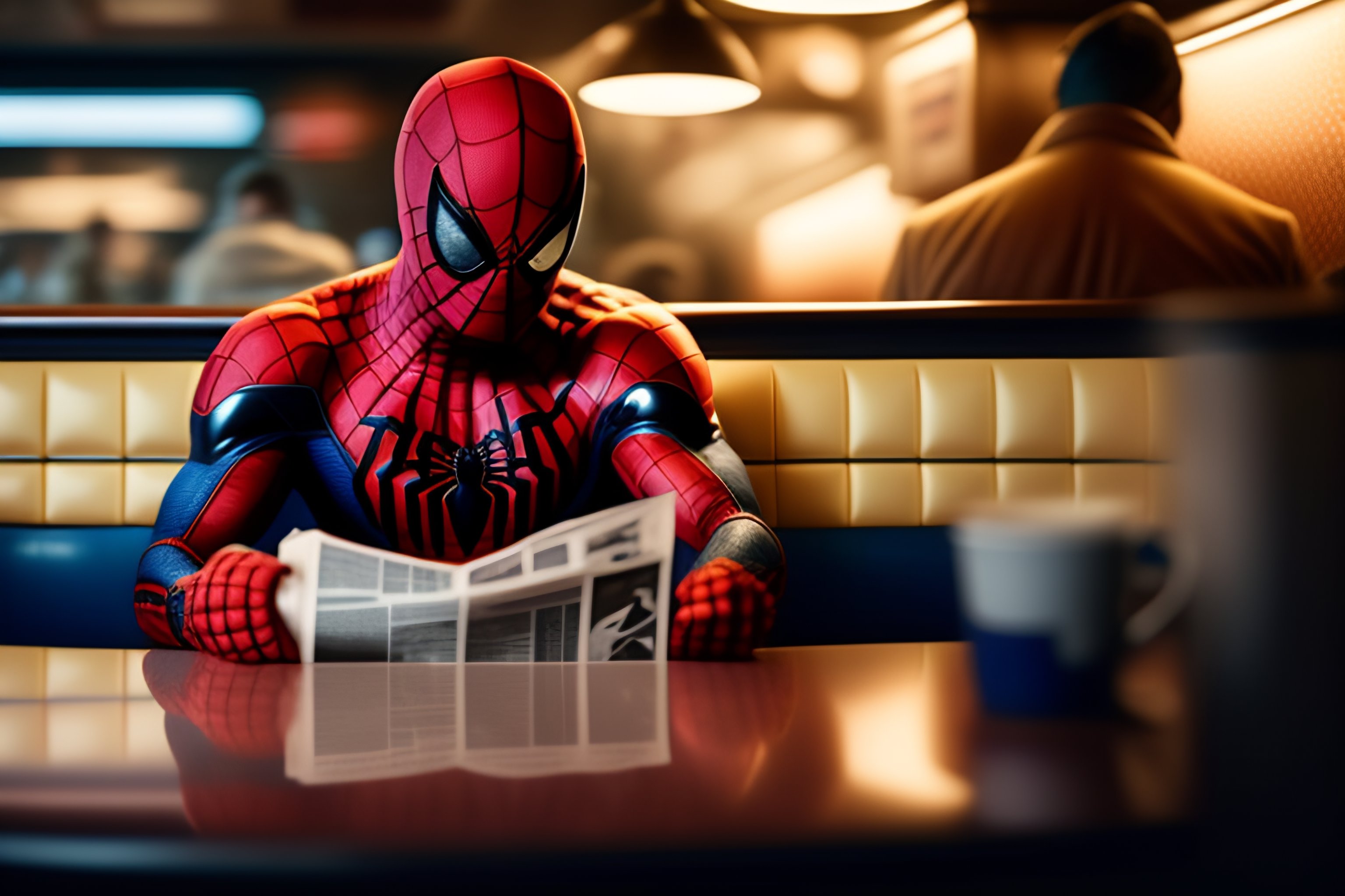 Lexica - Spider-Man reading a newspaper inside of a diner, cinematic ...