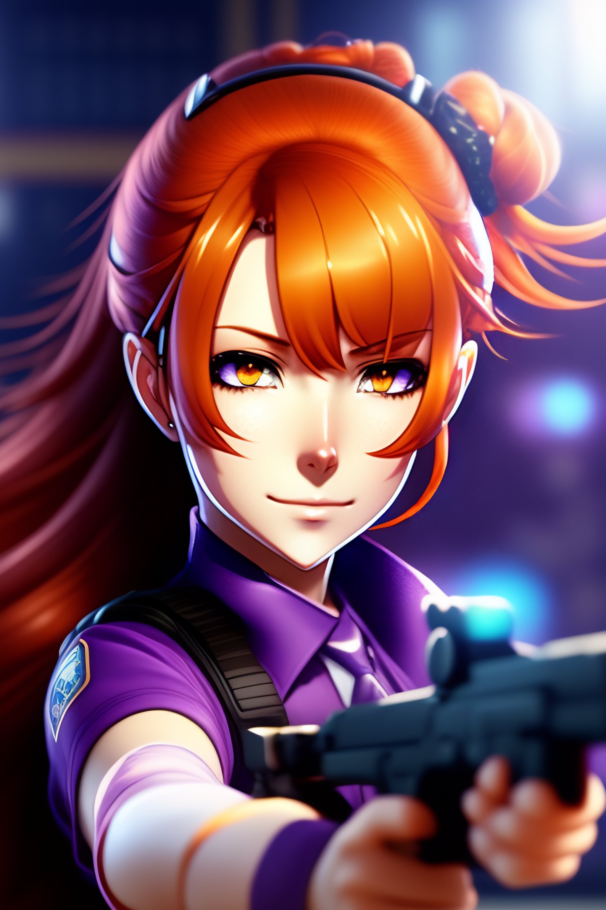 Lexica - Anime style girl with ginger hair, purple eyes, in a ponytail ...