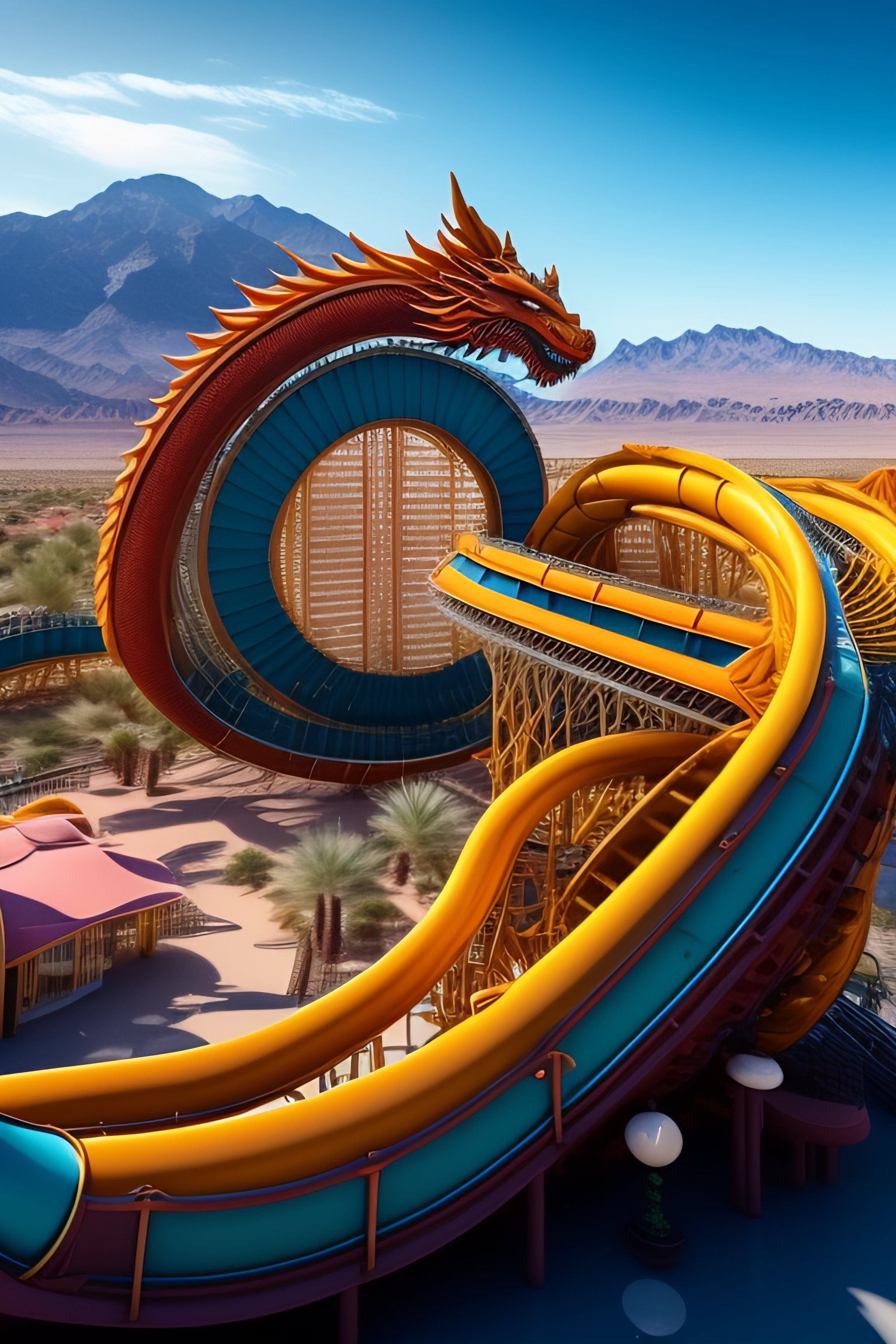Lexica - Side view of a massive dragon style roller-coaster in las vagas