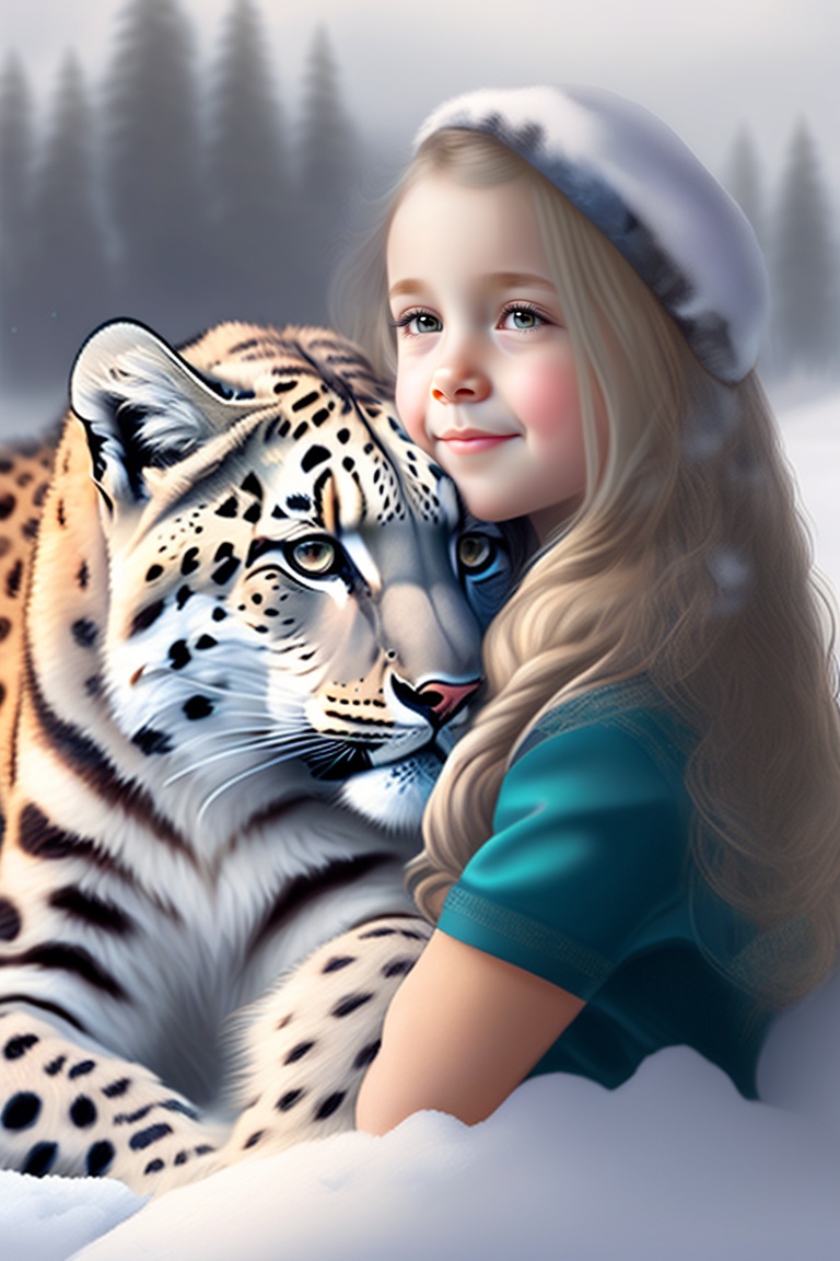 Lexica - A white snow leopard sits in front of the girl, the girl hugs ...