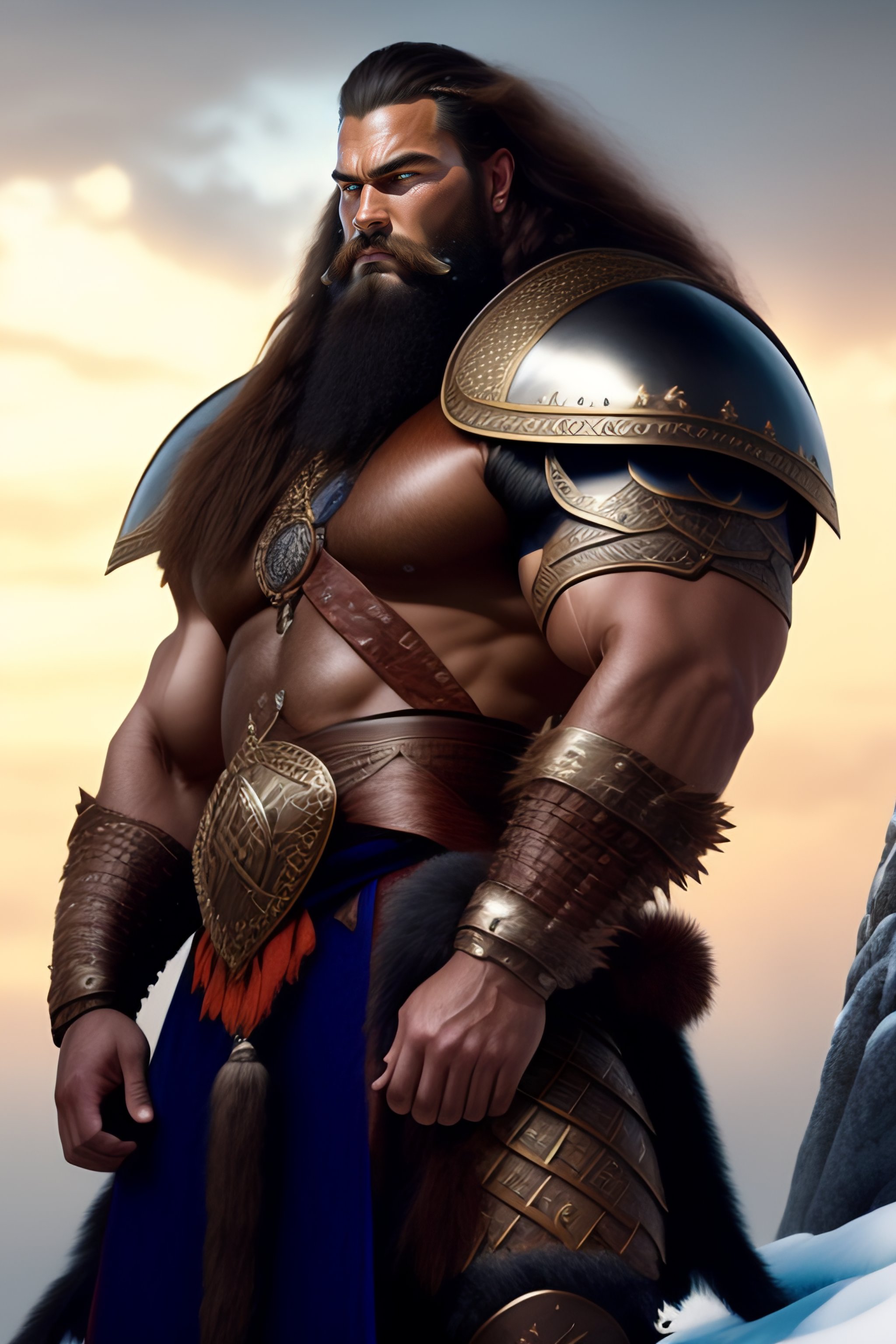 Lexica - Giant fierce and muscular male warrior in full armor, handsome, hairy body, viking ...