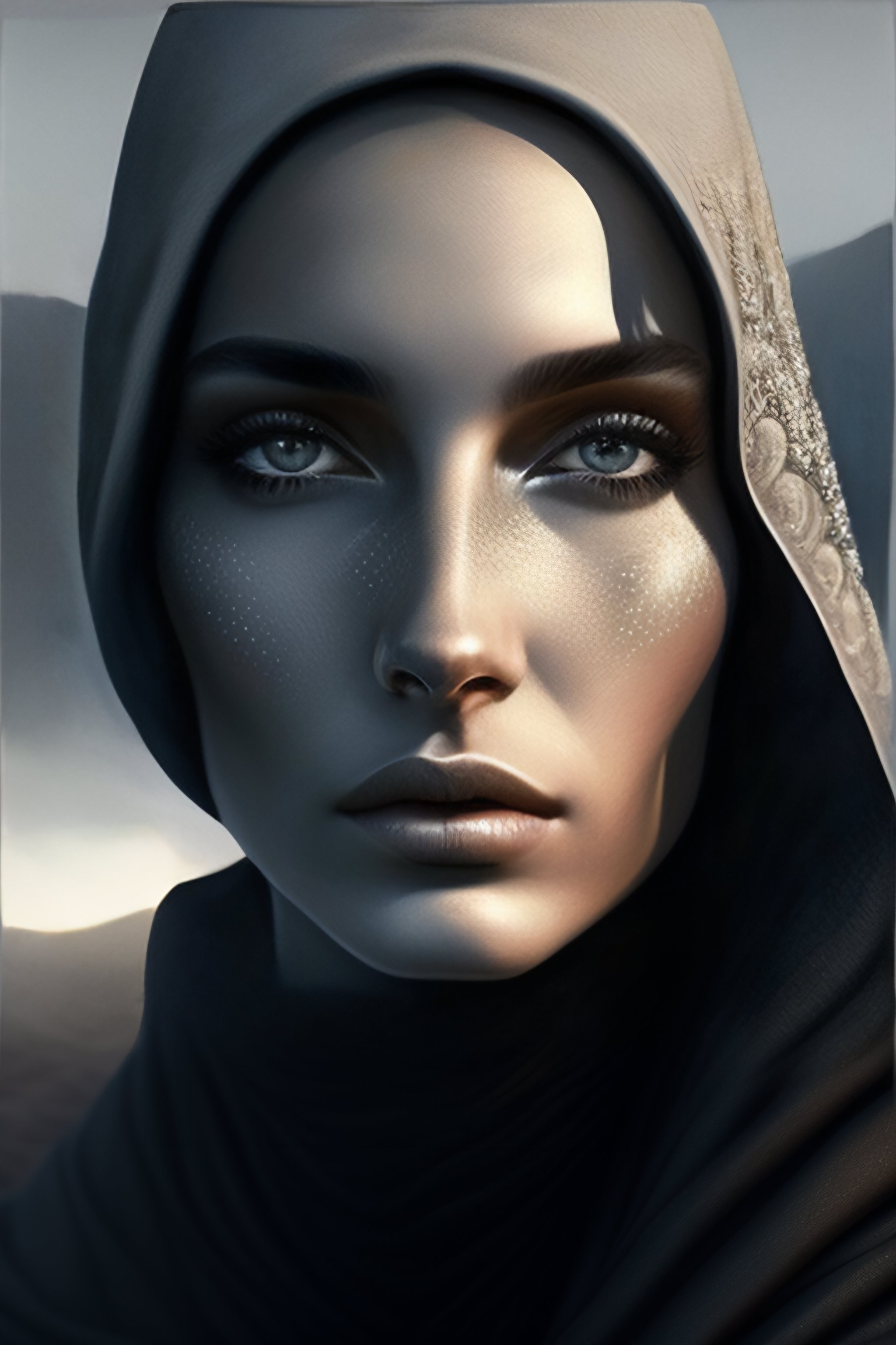 Lexica - A portrait of a gray woman with white eyes in black hood by ...