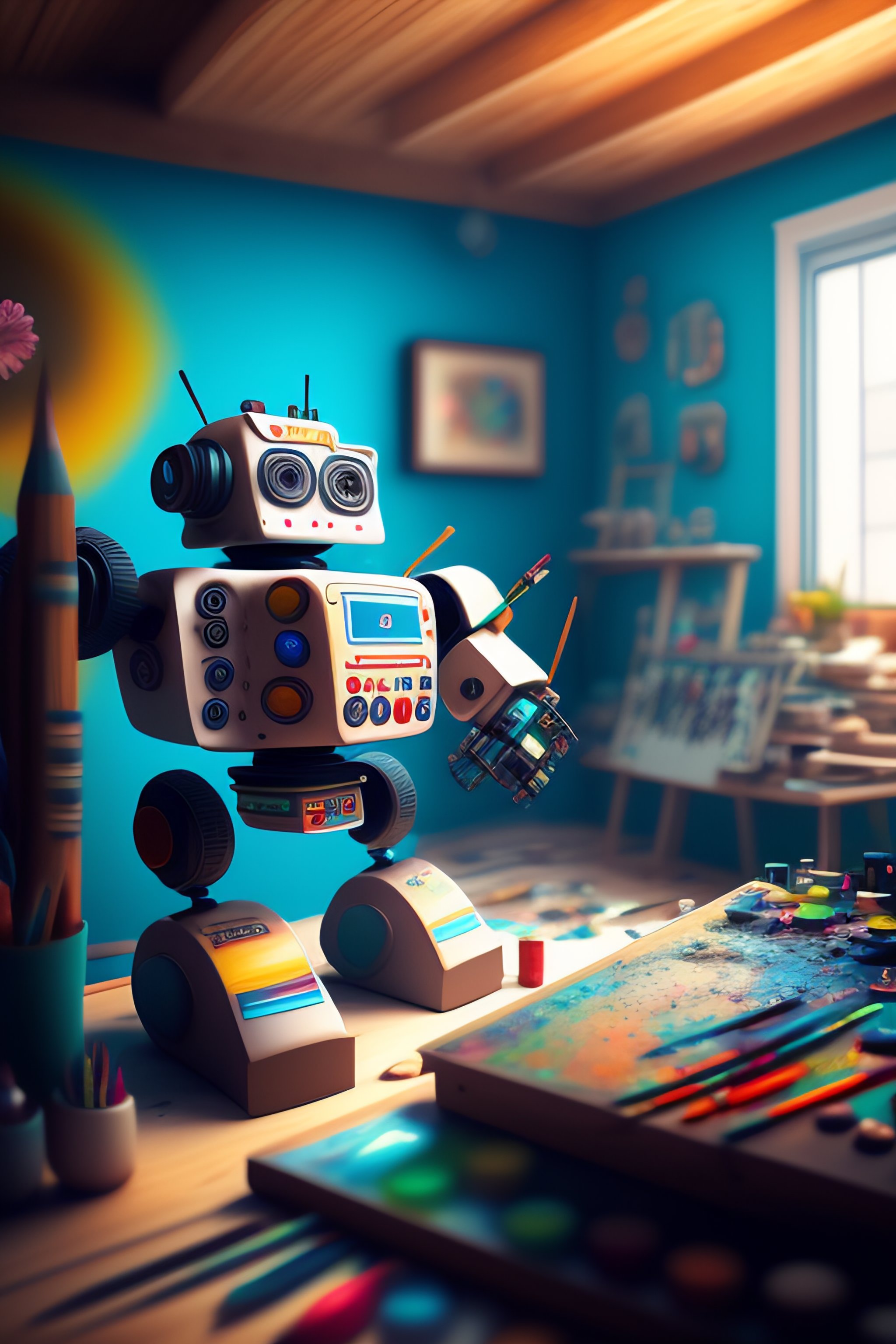 Lexica - A messy, chaotic artist's workshop, inside is a cute robot ...