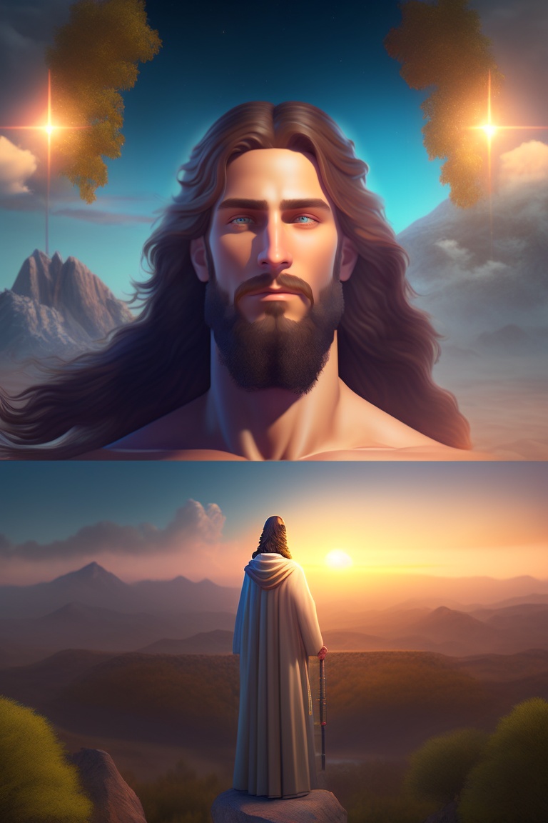 Lexica - Peaceful Jesus Christ with kind eyes against the backdrop of a ...