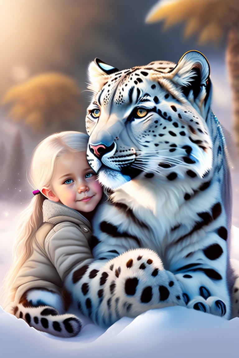 Lexica - A white snow leopard sits in front of the girl, the girl hugs ...