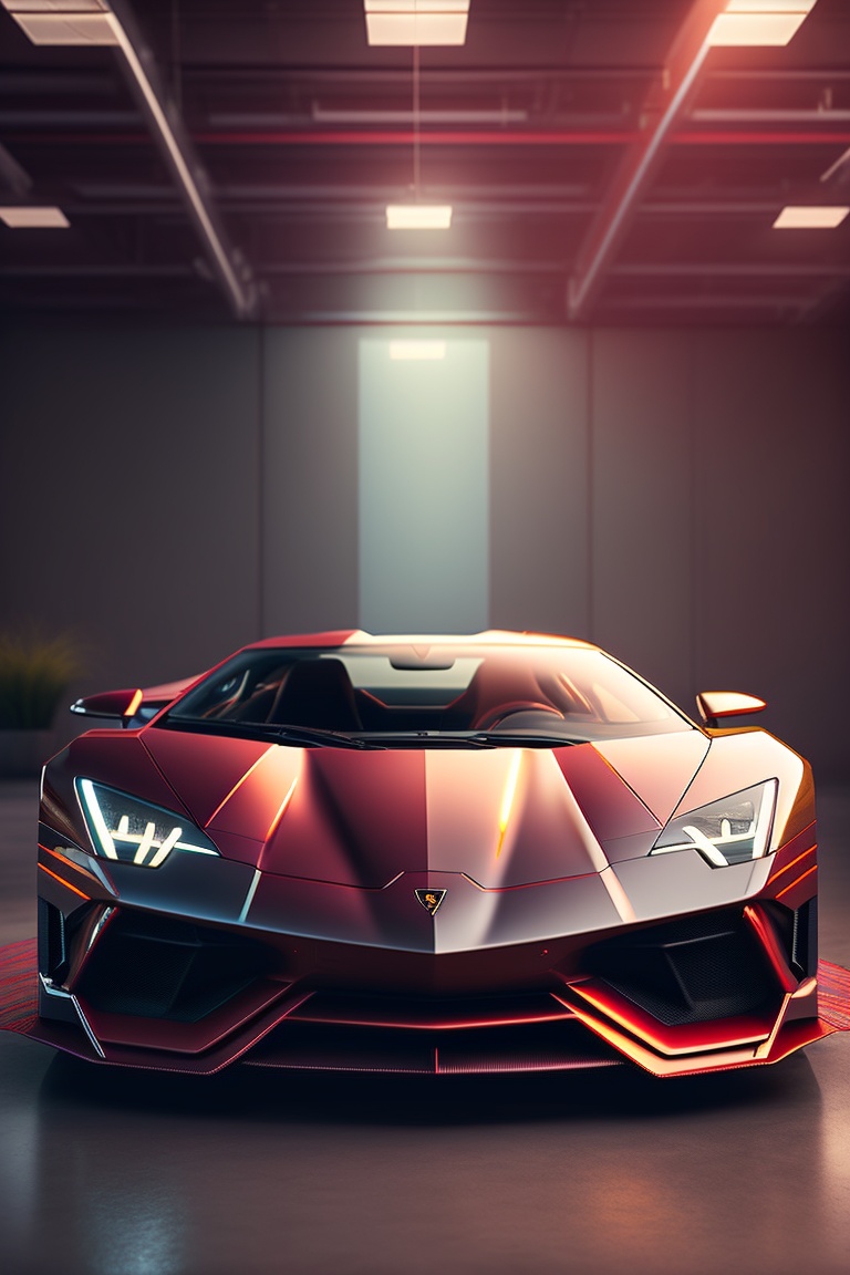 Lexica - A lamborghini standing in a showroom, with cinematic light
