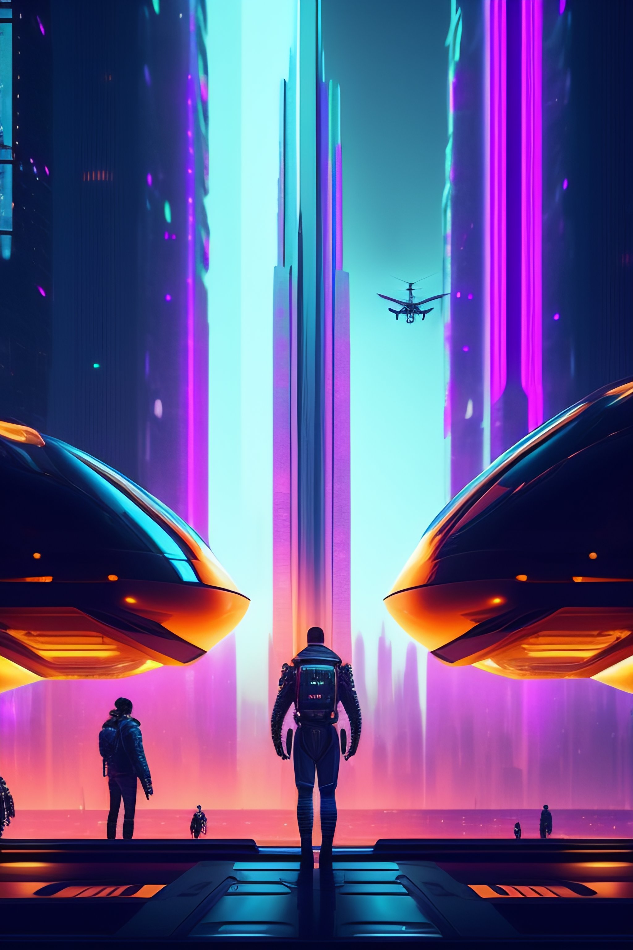 Lexica - The image shows a futuristic cyberpunk scene, with people with ...