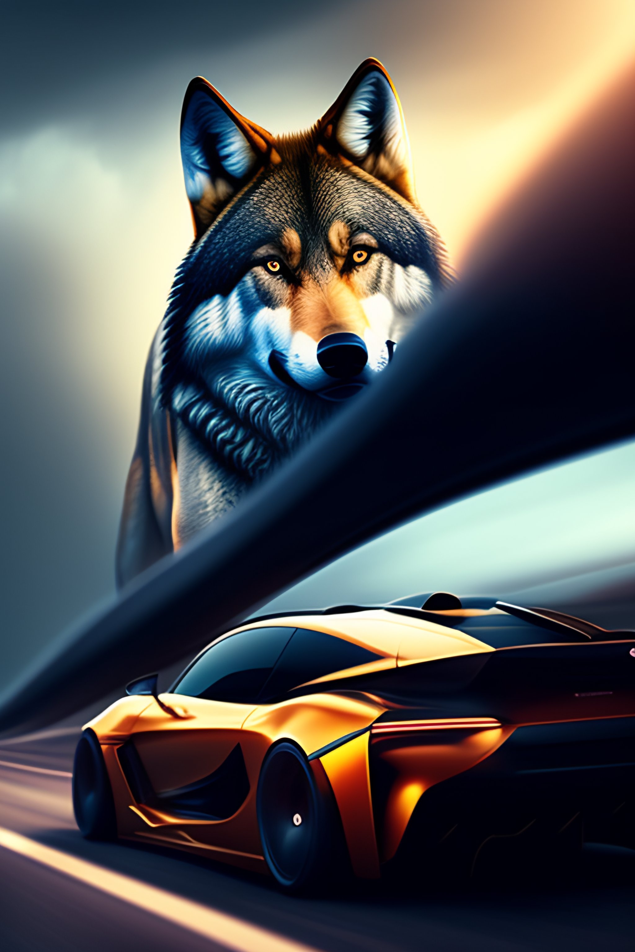 Lexica - An antropomorphic wolf driving inside a car,