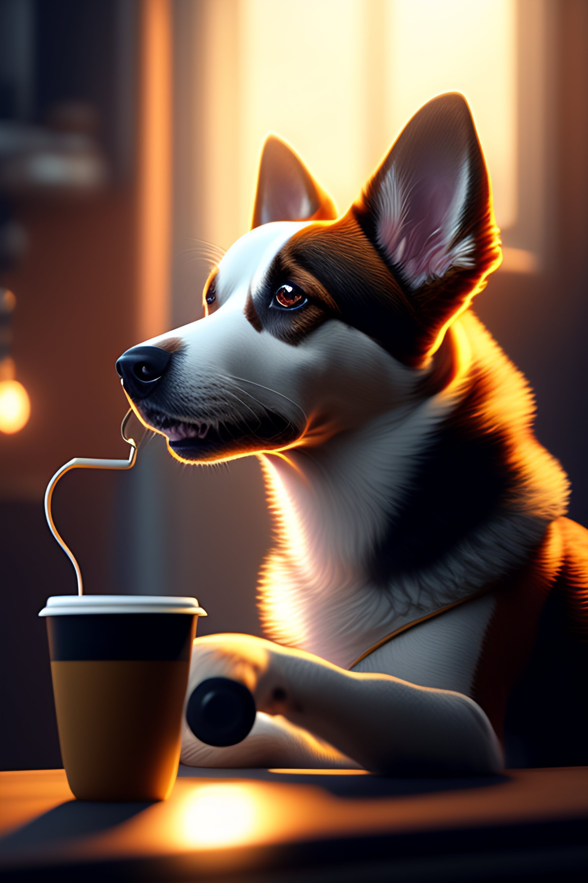 Lexica - Furry dog drinking coffee, cinematic lighting, hyper detailed ...