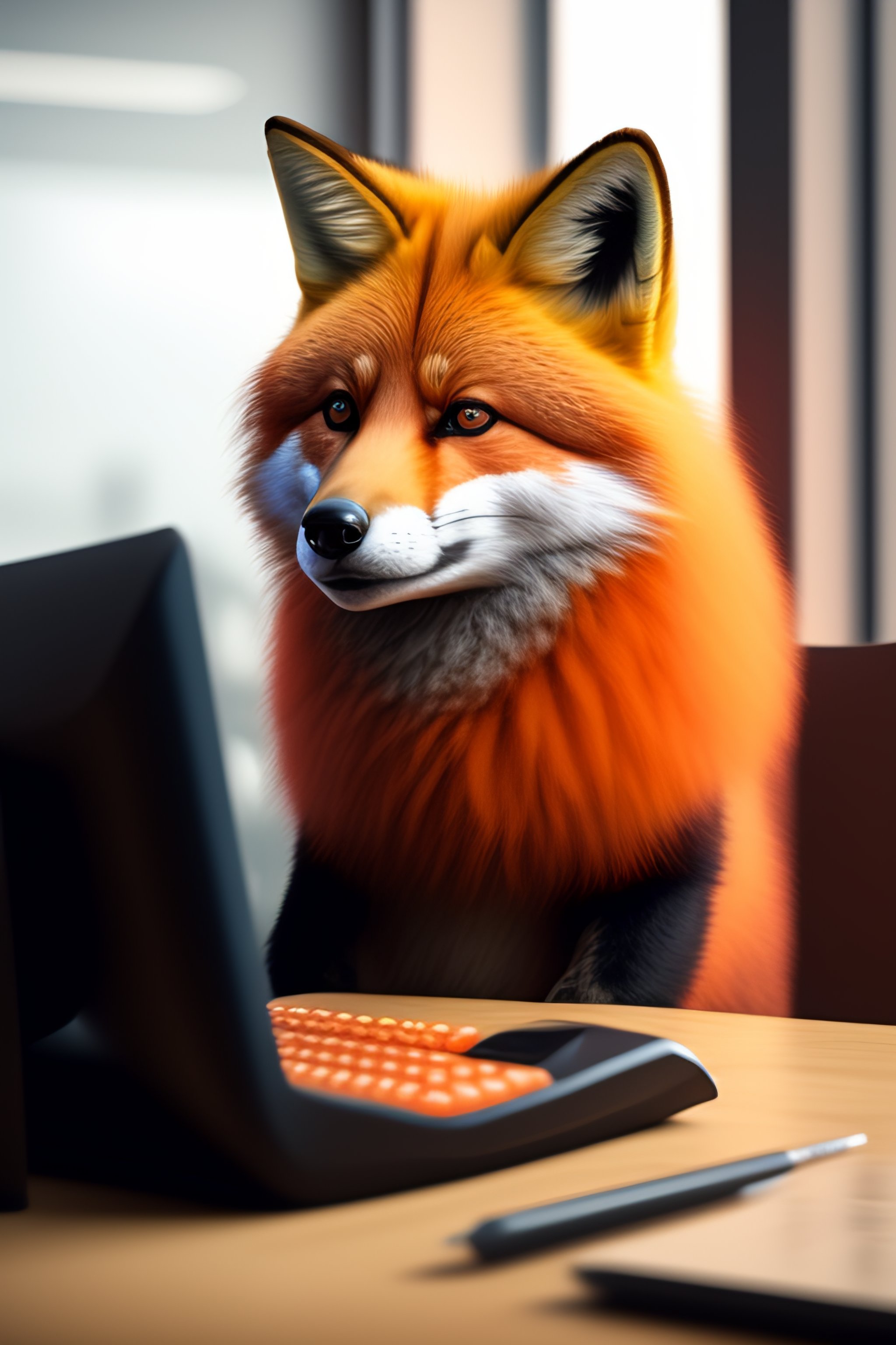 Lexica - Grumpy orange fox at work in an office on a monday, photorealistic