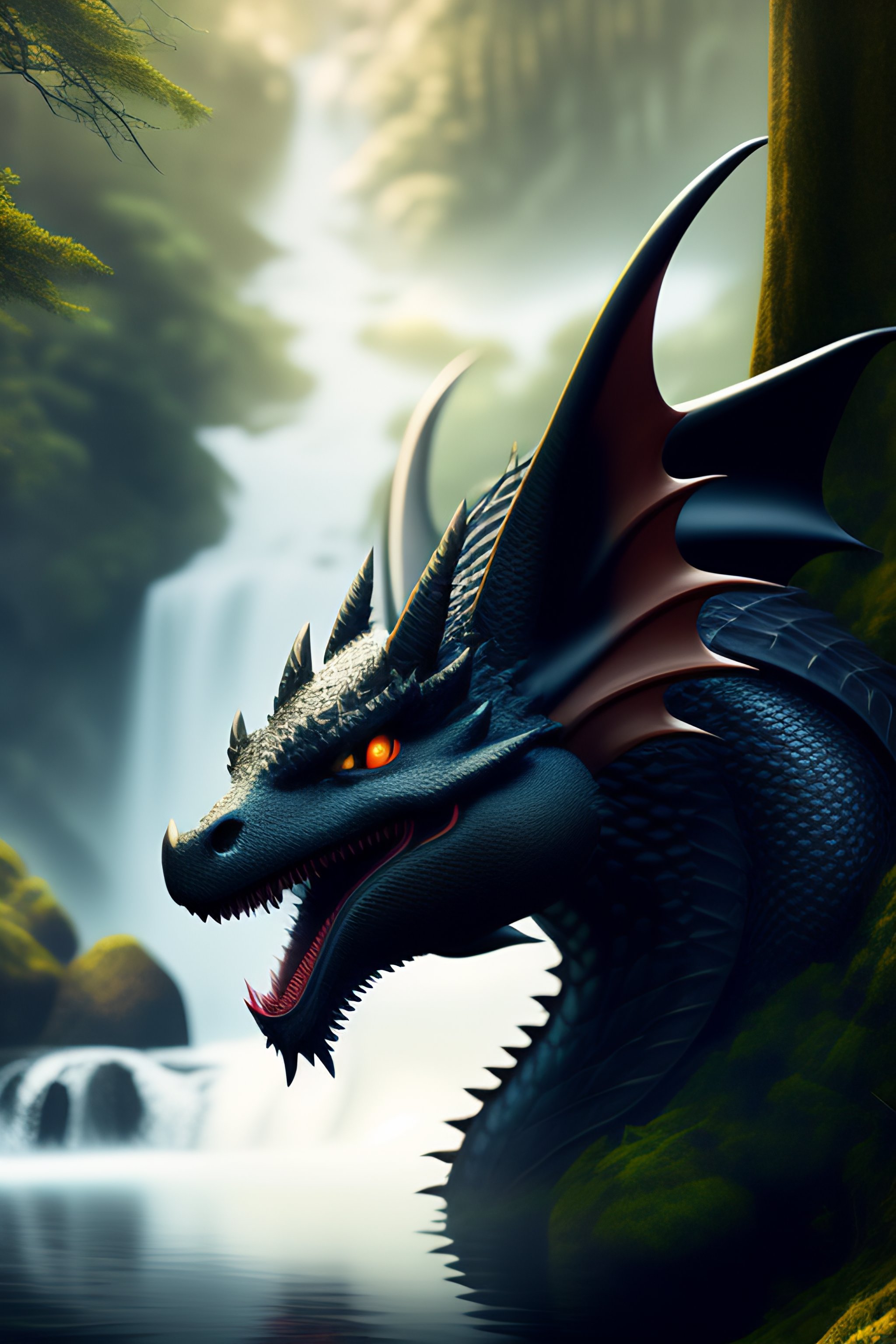 Lexica - Anthropomorphic dragon Toothless in a middle of forest with river