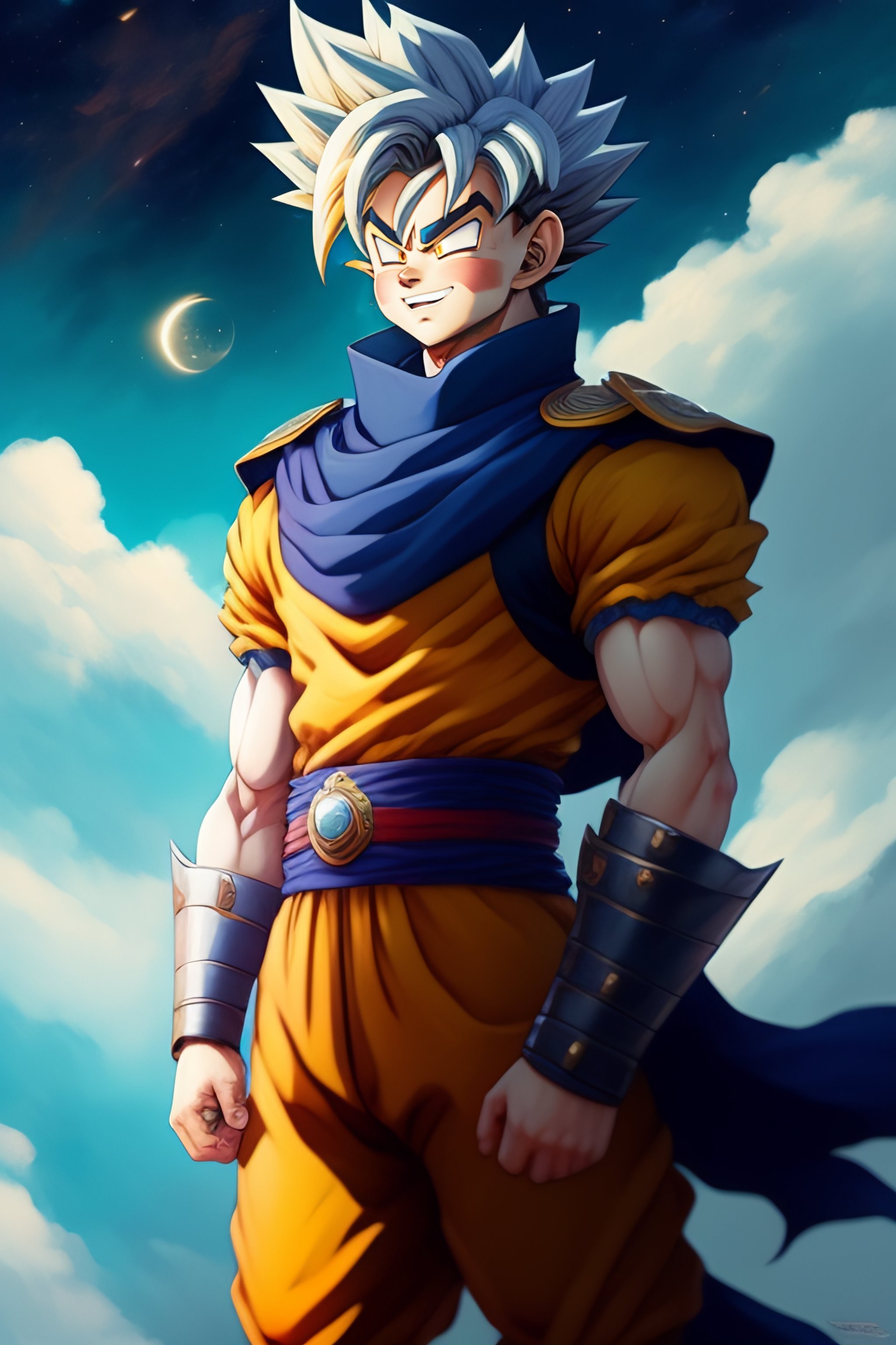 Lexica - Protrait, son goku from dragonball z, grey hair, bangs ...