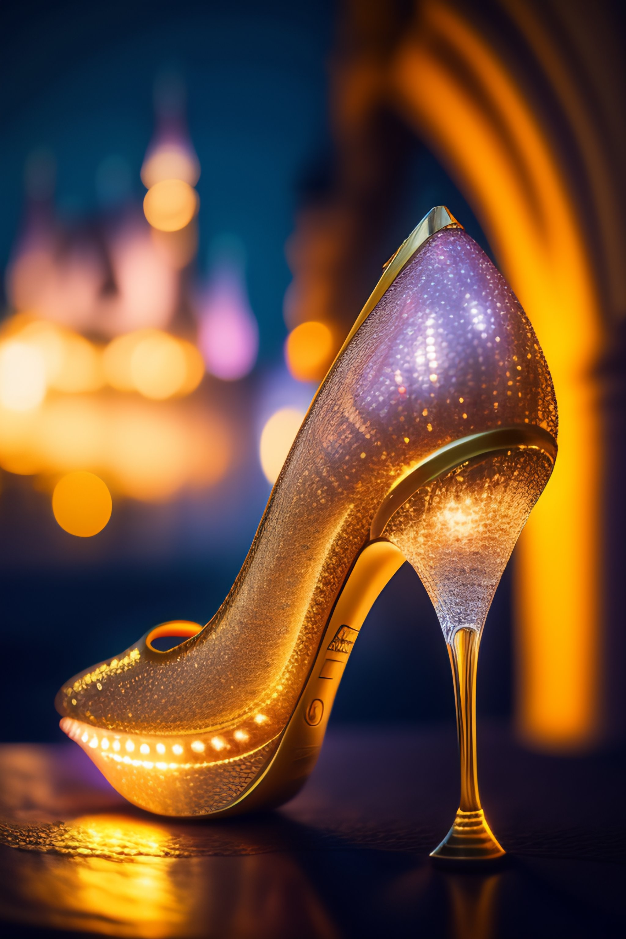 Lexica - Shiny clear intricate high heel shoe in front of a castle, 8k ...