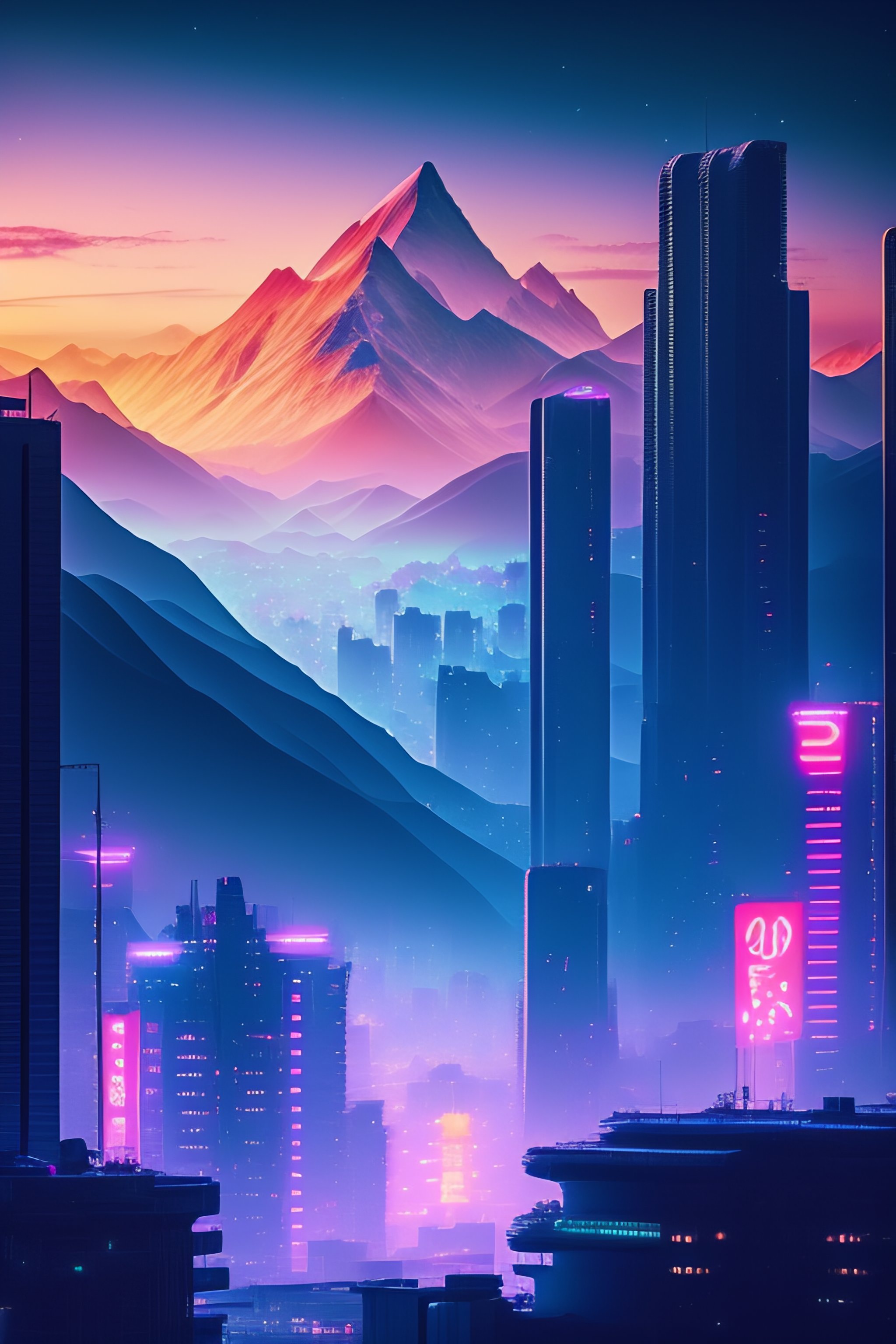 Lexica - Neo Tokyo neon city, snow capped mountains in background, mist ...