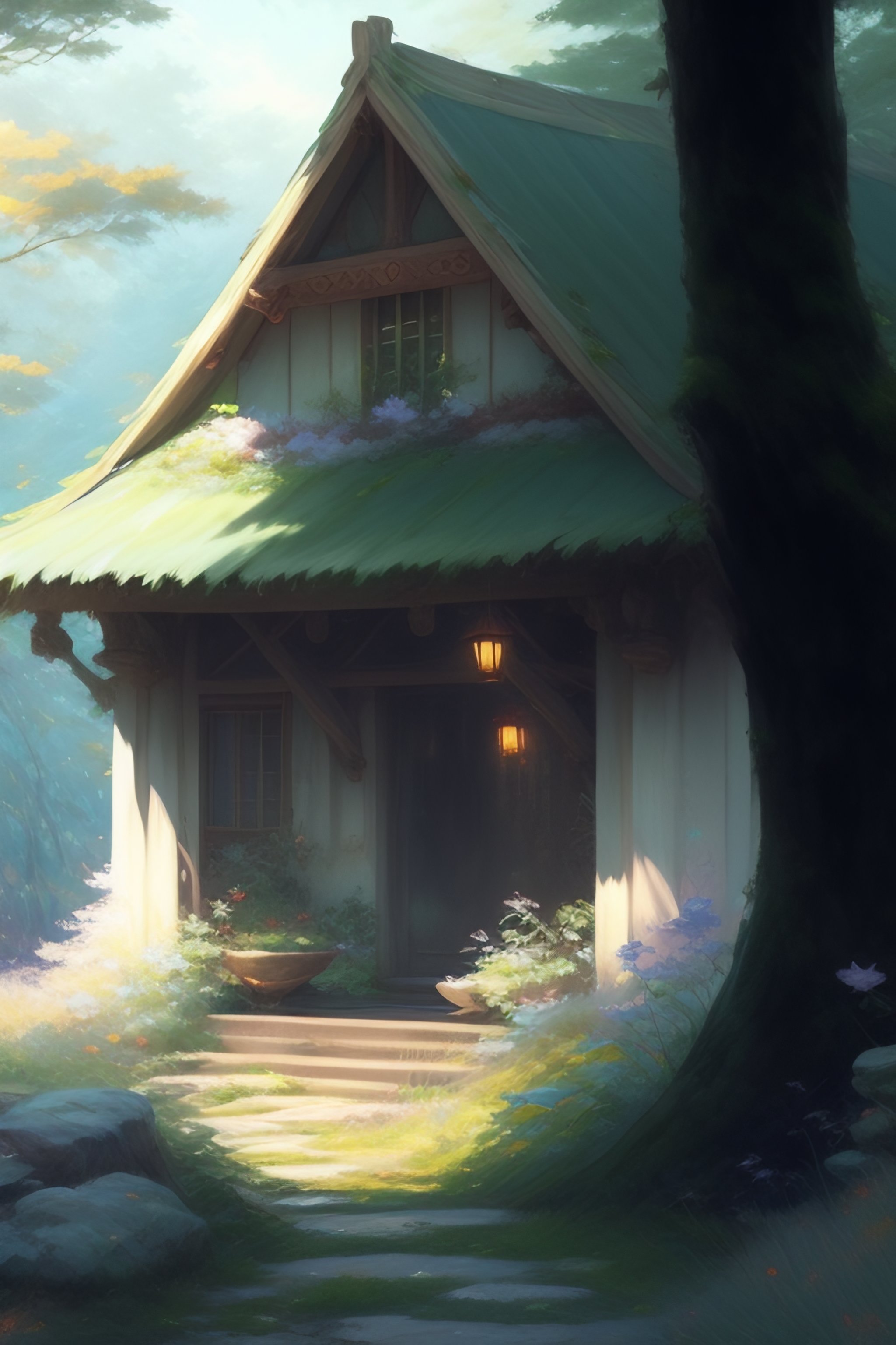 Lexica - Old veranda in the thickets, anime, strong impressionistic ...