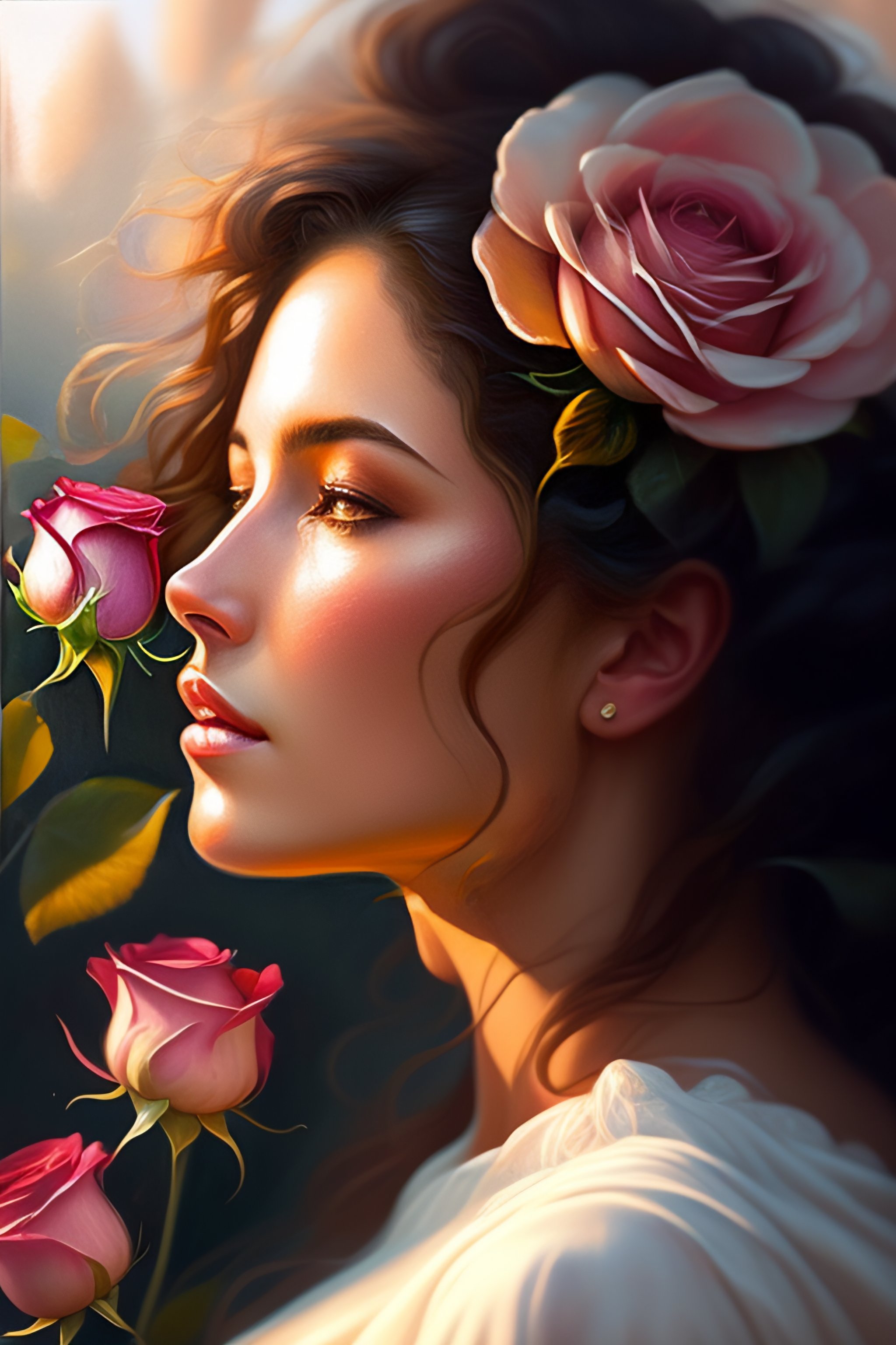 Lexica - Woman smelling a flower, roses everywhere, highly detailed ...