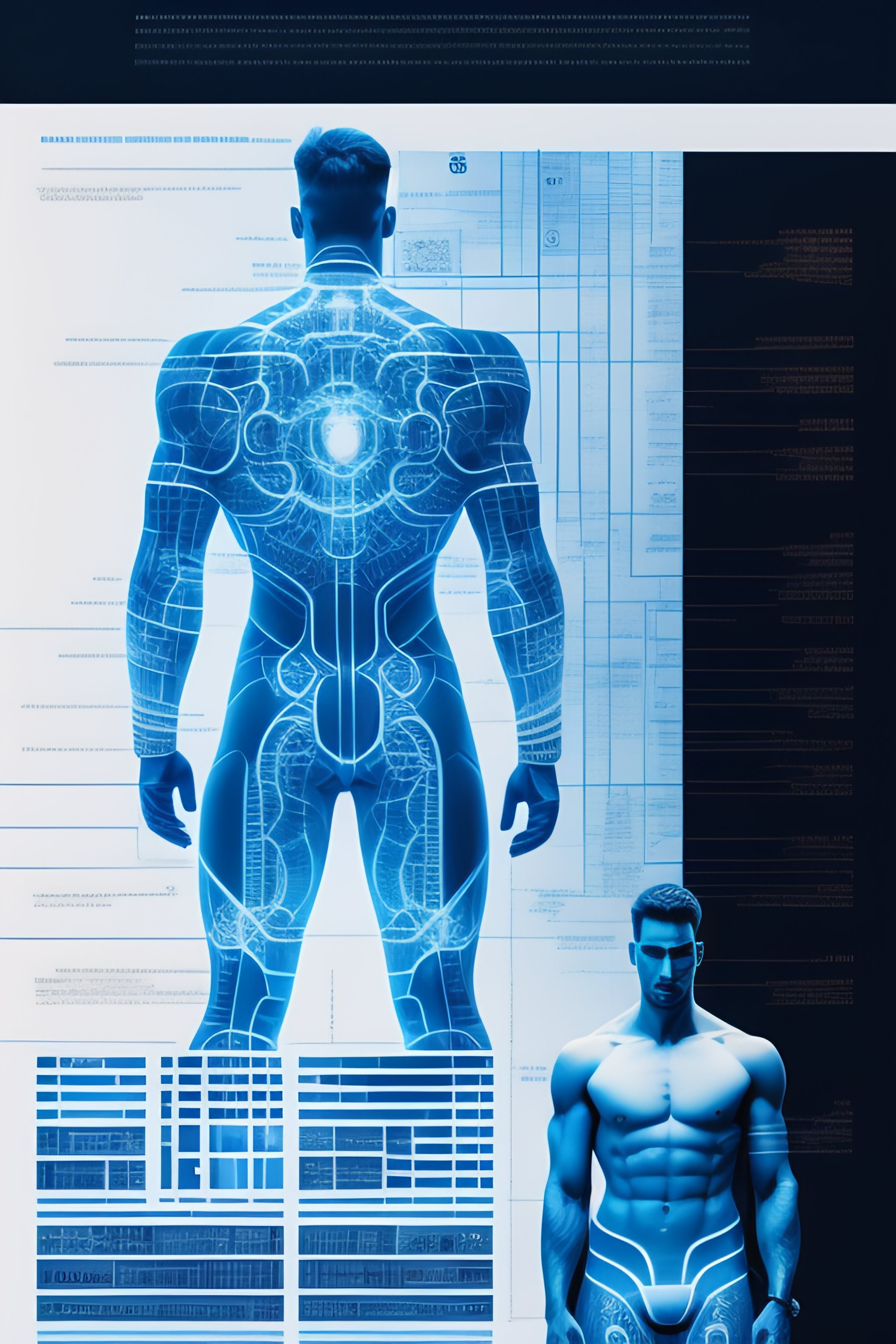 Lexica - Detailed schematics of a male cyborg, Venetian man, blueprints ...