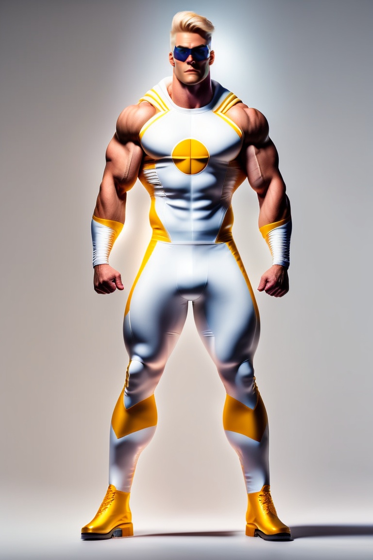 Lexica - Full body shot of a blonde man in a white, sun themed ...