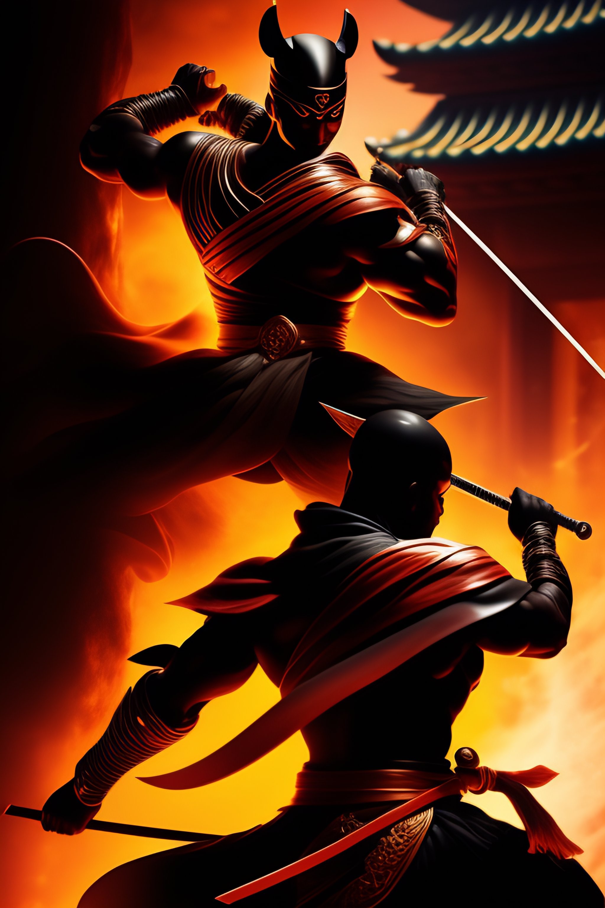 Lexica - A black ninja aiming an arrow at another ninja in a temple