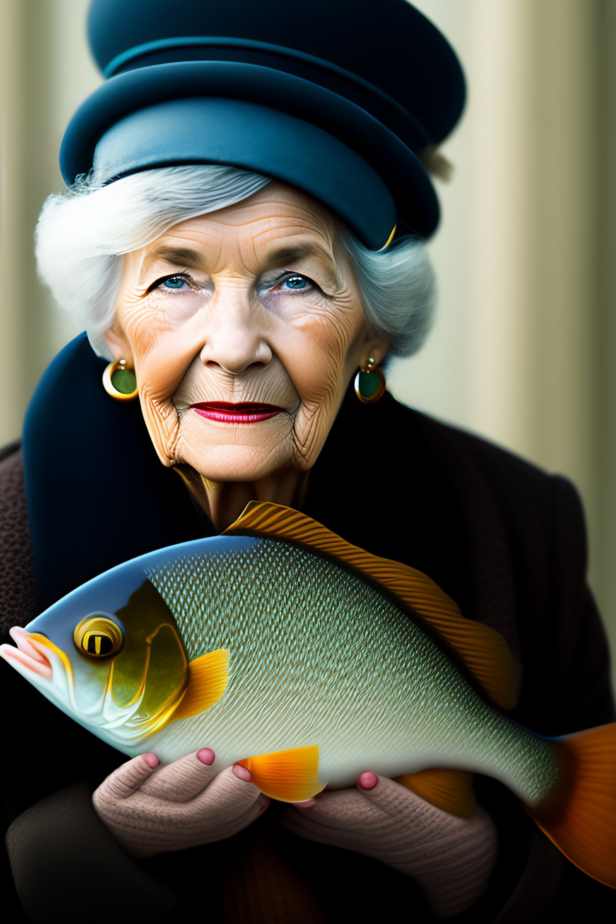 Lexica - Grandma with a fish on the hat
