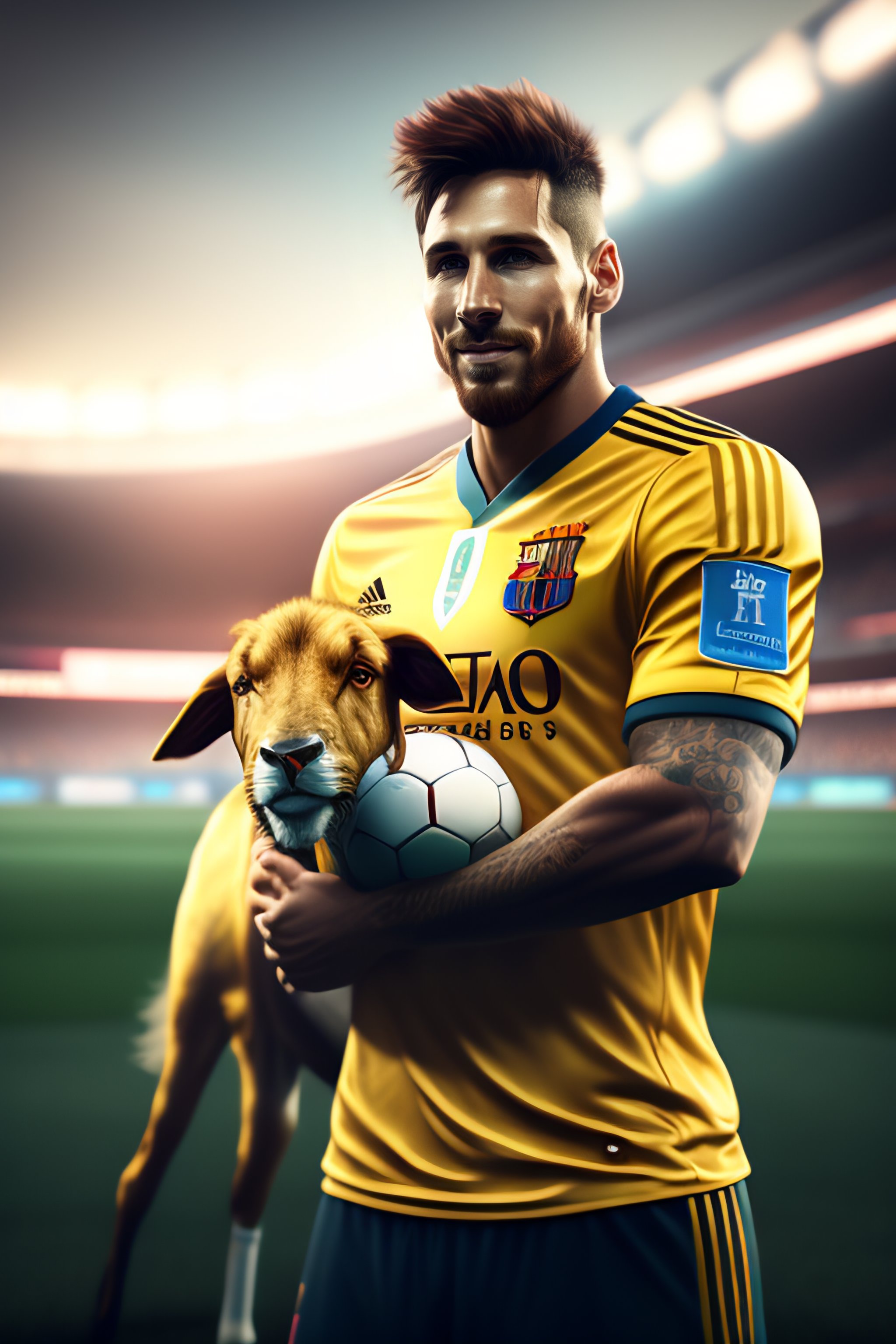 Lexica - Portrait of messi holding a golden goat in a soccer stadium ...