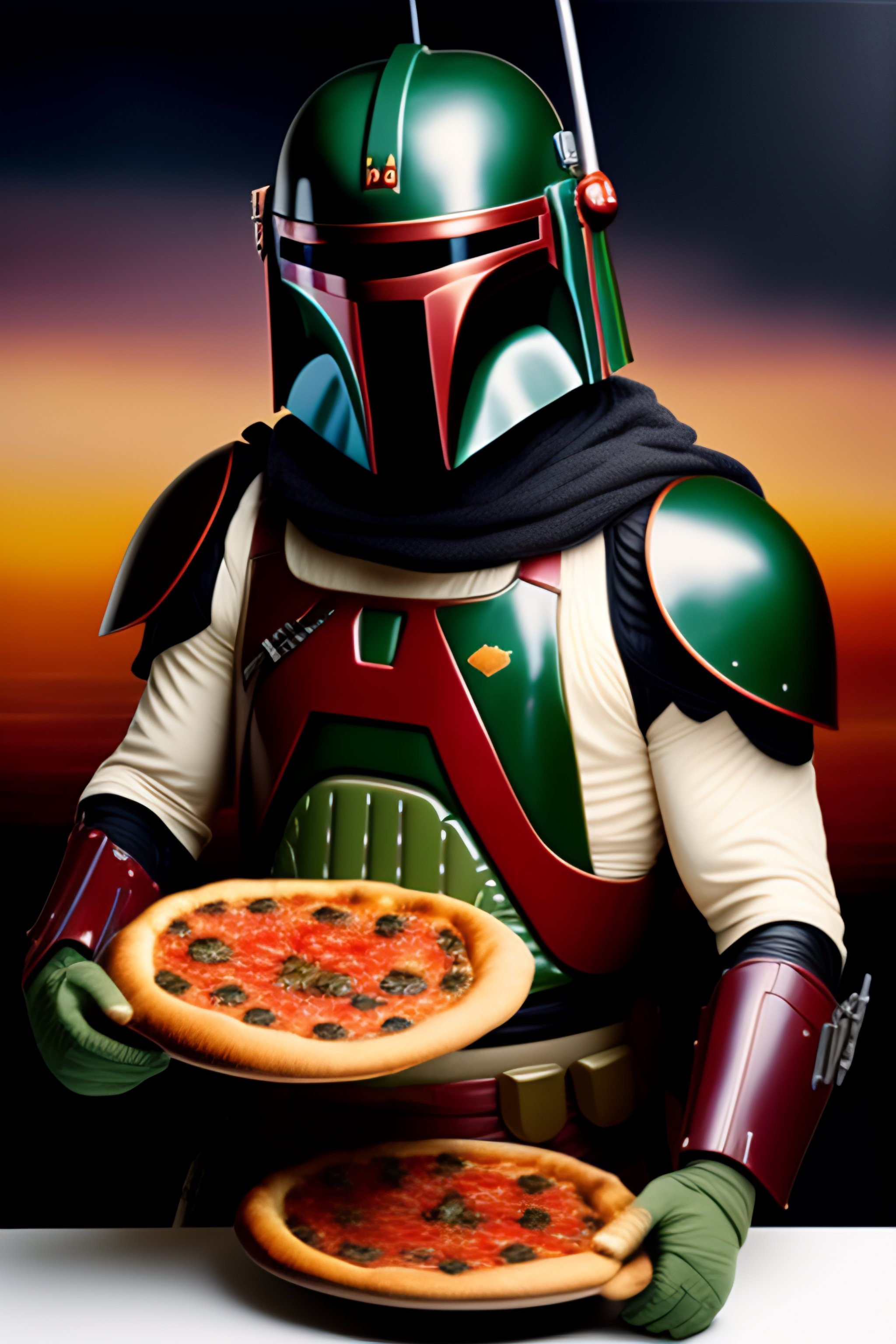 Lexica - Boba Fett eating pizza in the space