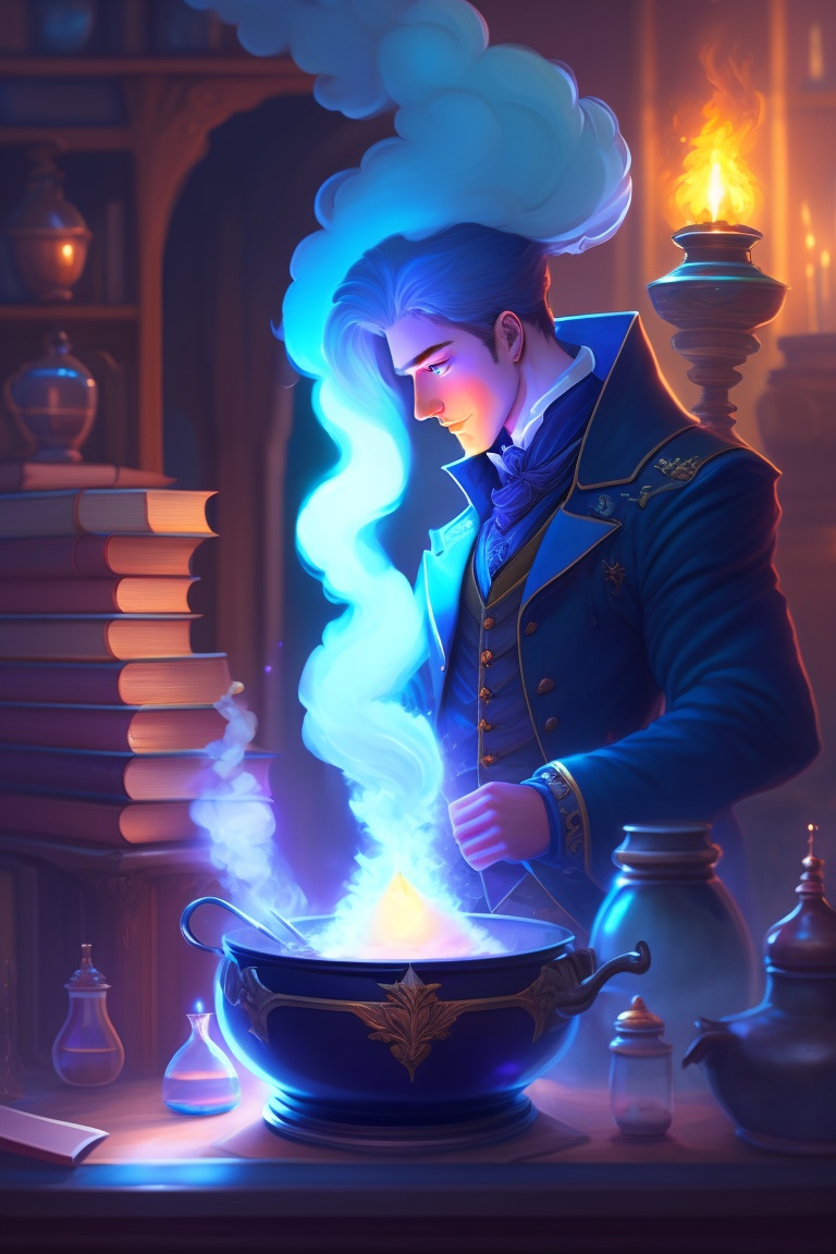 Lexica - A handsome guy brews a potion in a large cauldron, smoke ...