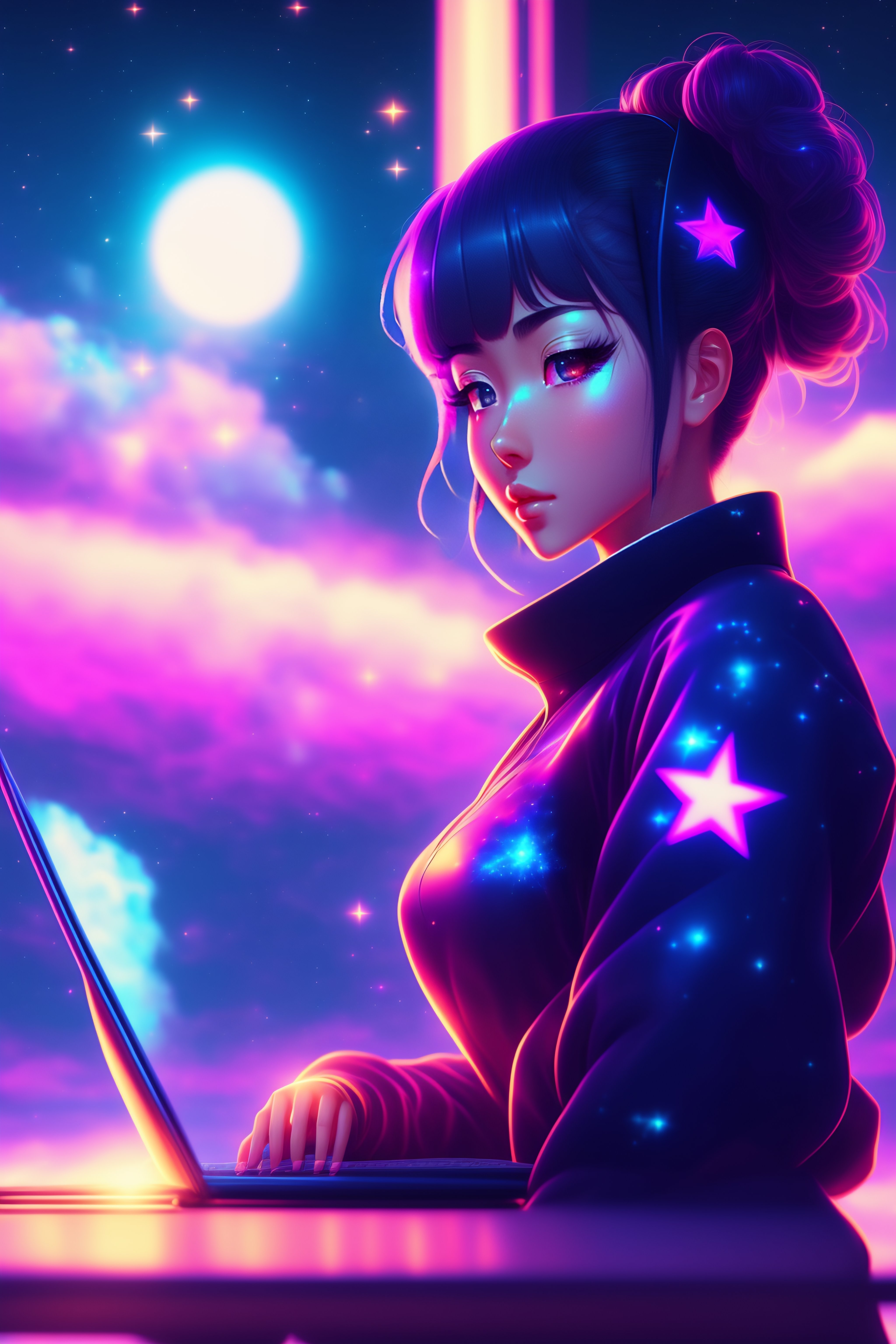 Lexica - Synthwave anime girl working on a laptop beautiful stars, warm ...