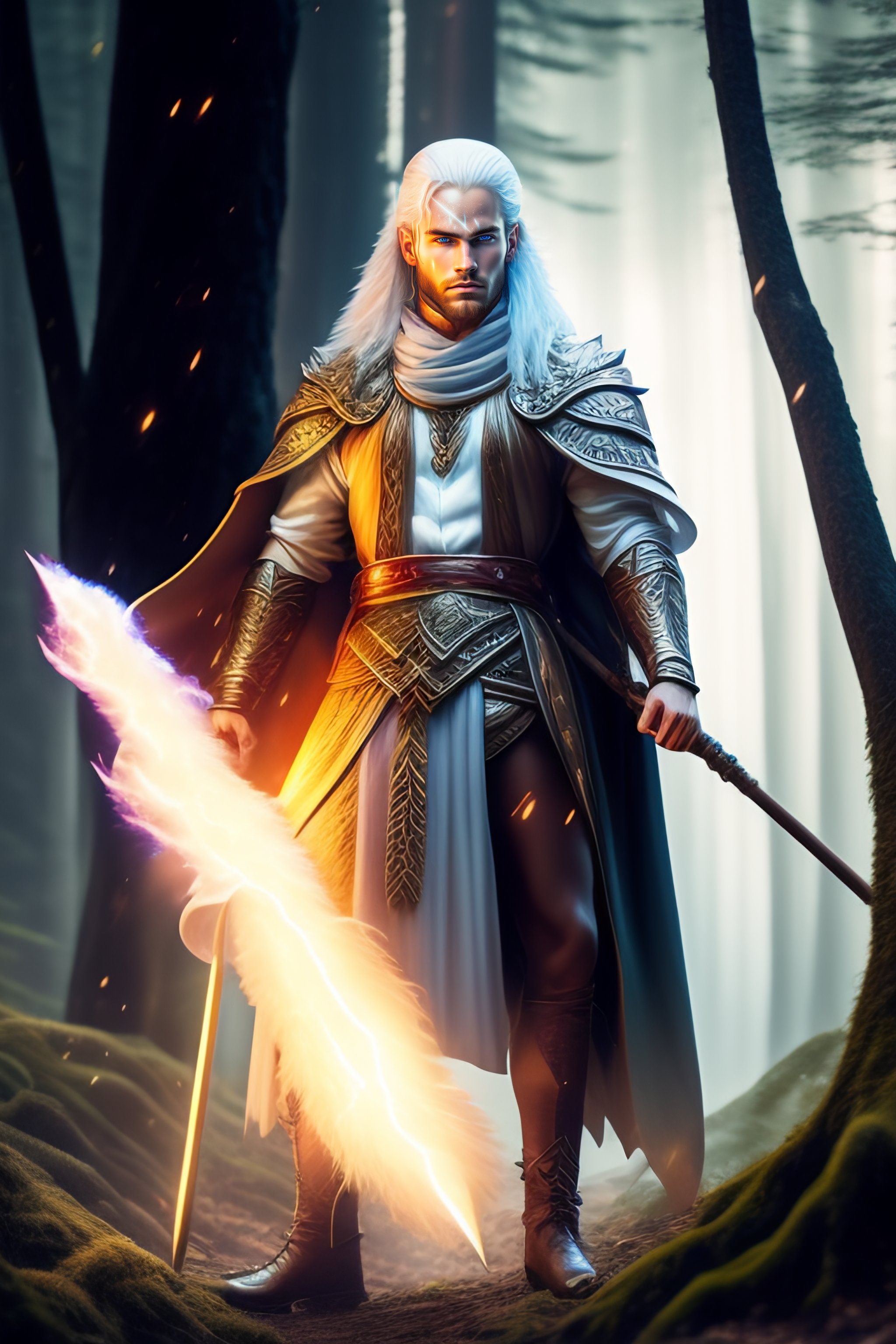 Lexica - A masculine blond wizard with pale skin inside the forest. He ...