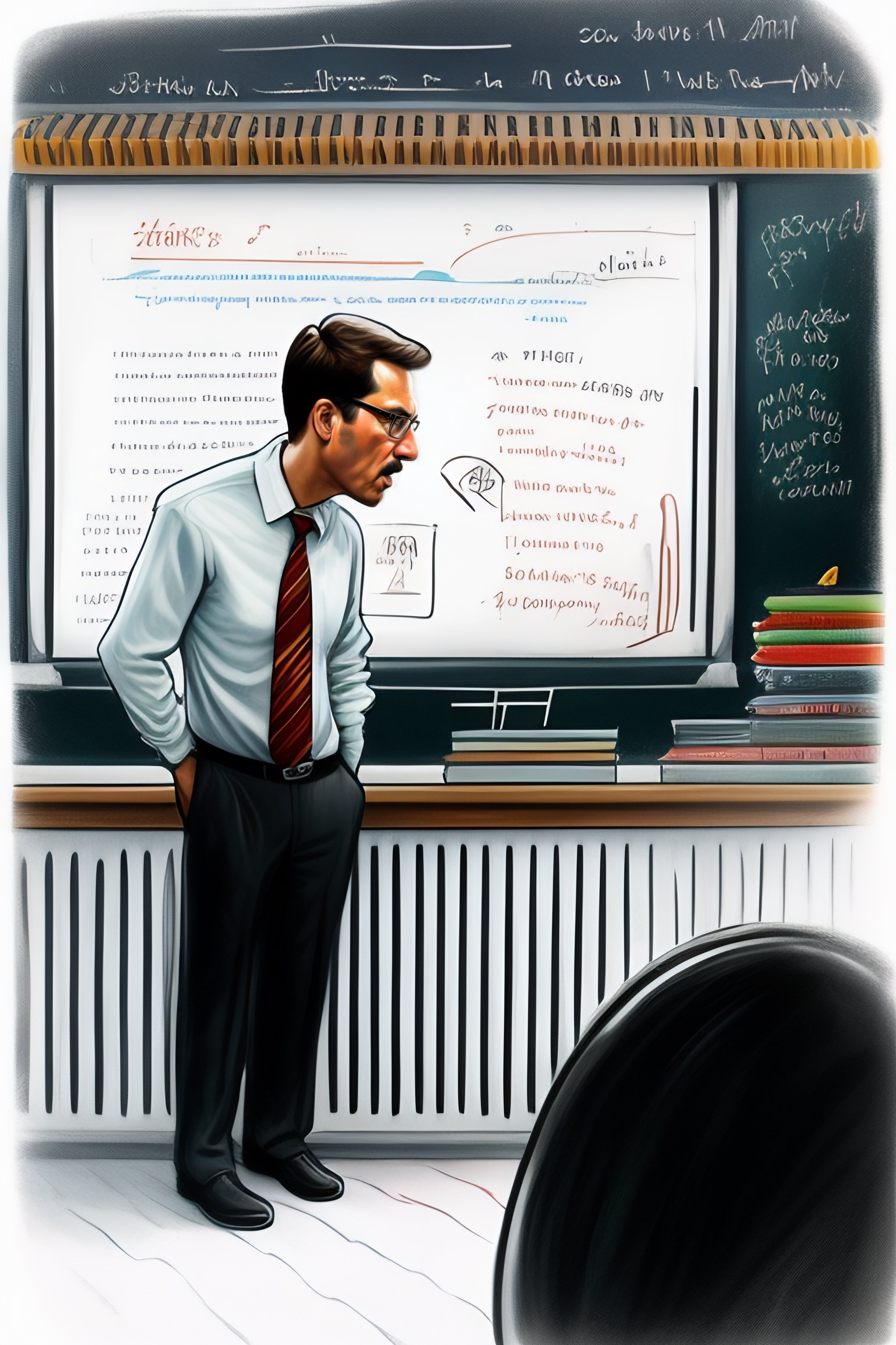 Lexica - Realistic sketch of a frustrated teacher in front of his classroom