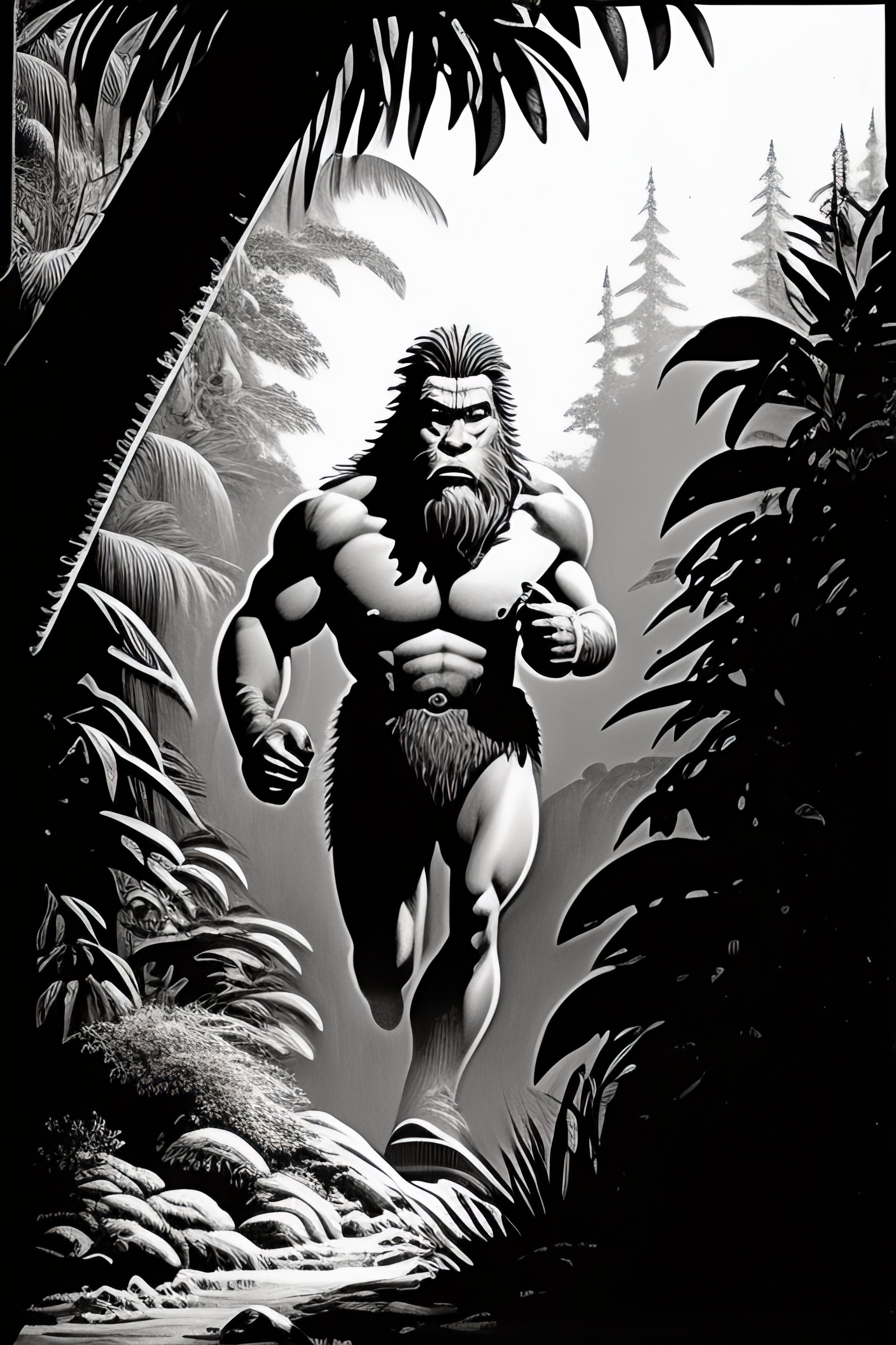 Lexica - Sasquatch dark jungle running at you lights in the sky retro ...