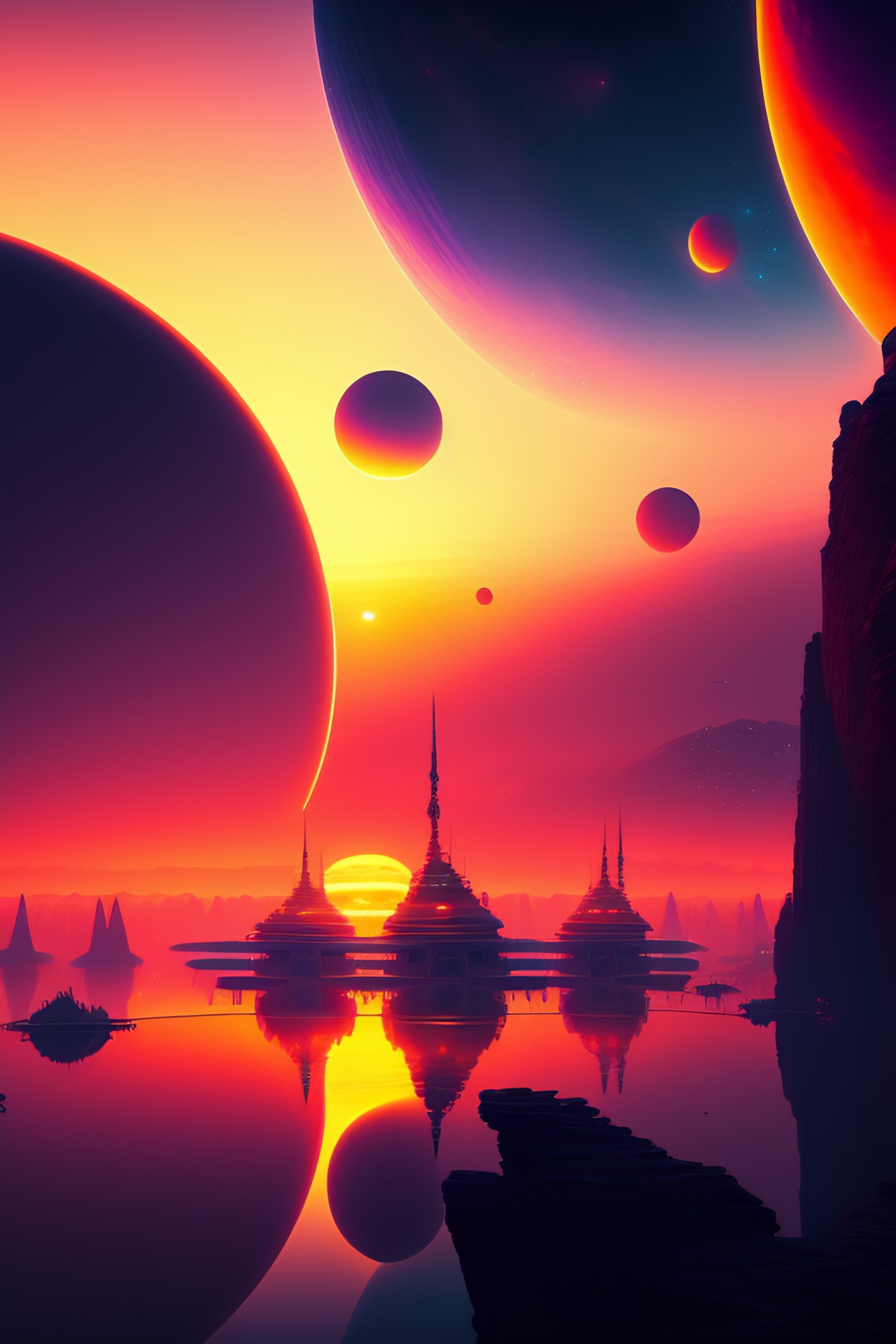 Lexica - Futuristic space port, morning sunrise, planets on the horizon, medium shot, by Raphael ...