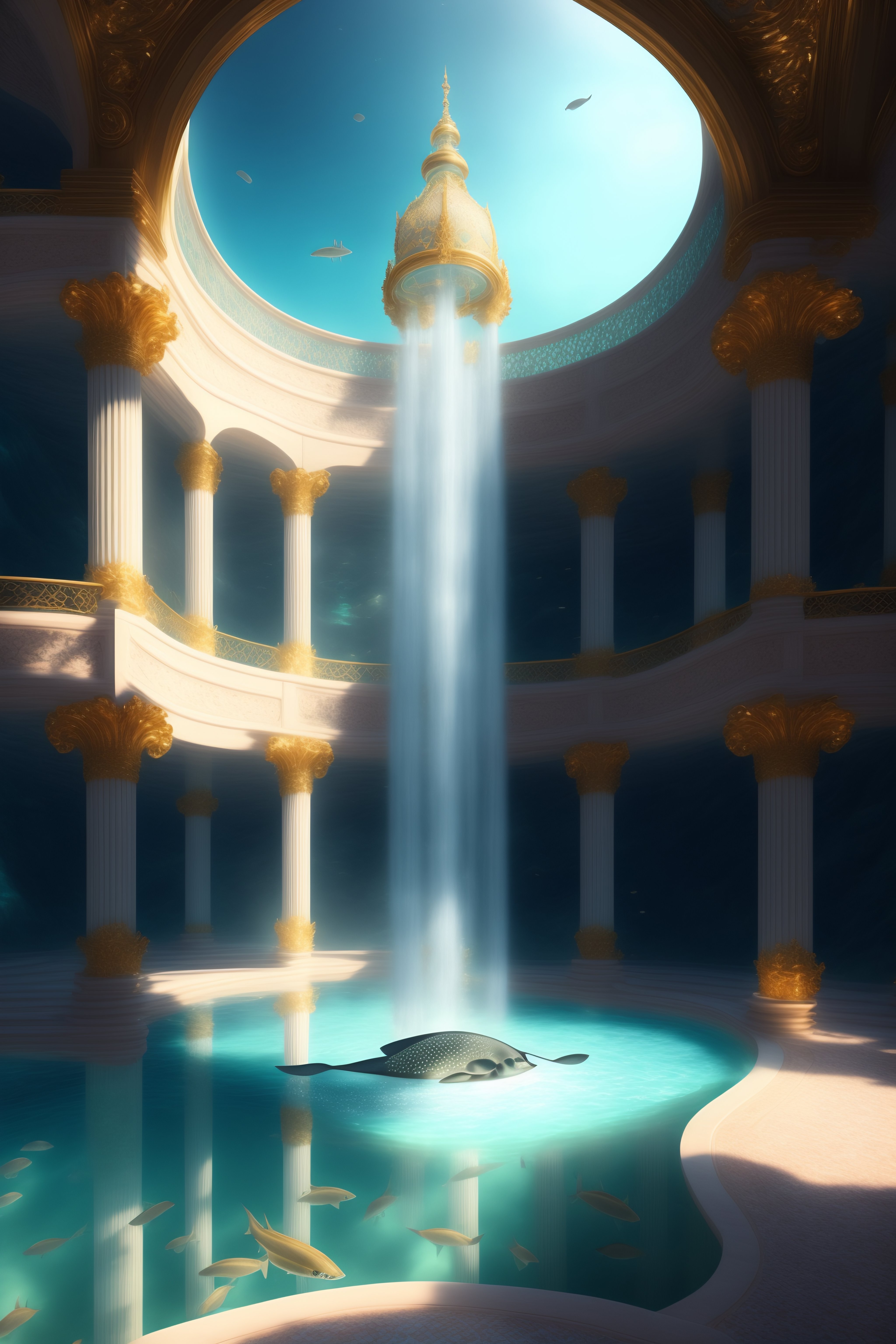 Lexica - A magical water palace with sting rays swimming around the ...
