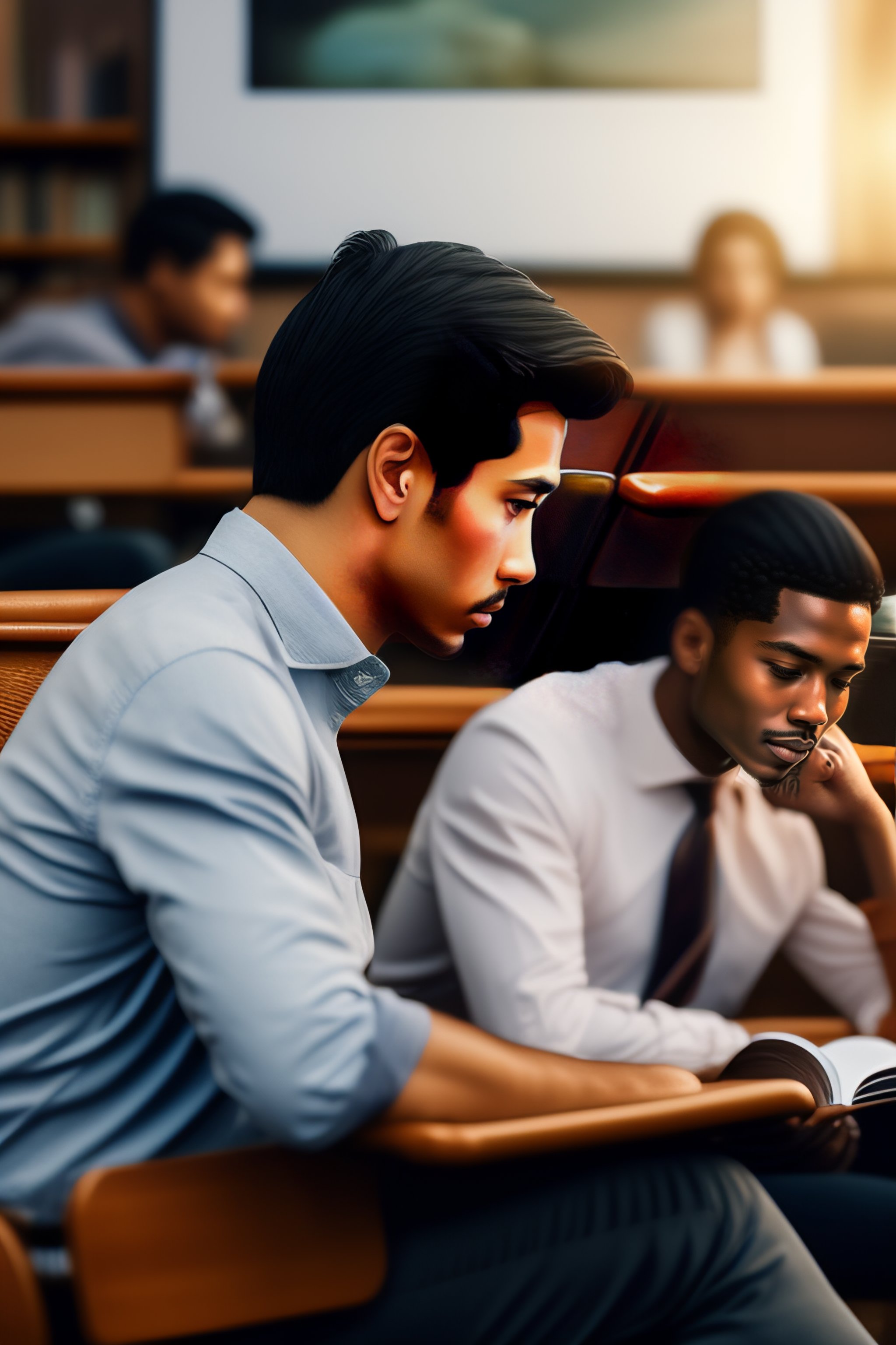 Lexica - Two people sitting in classroom reading a book photorealistic