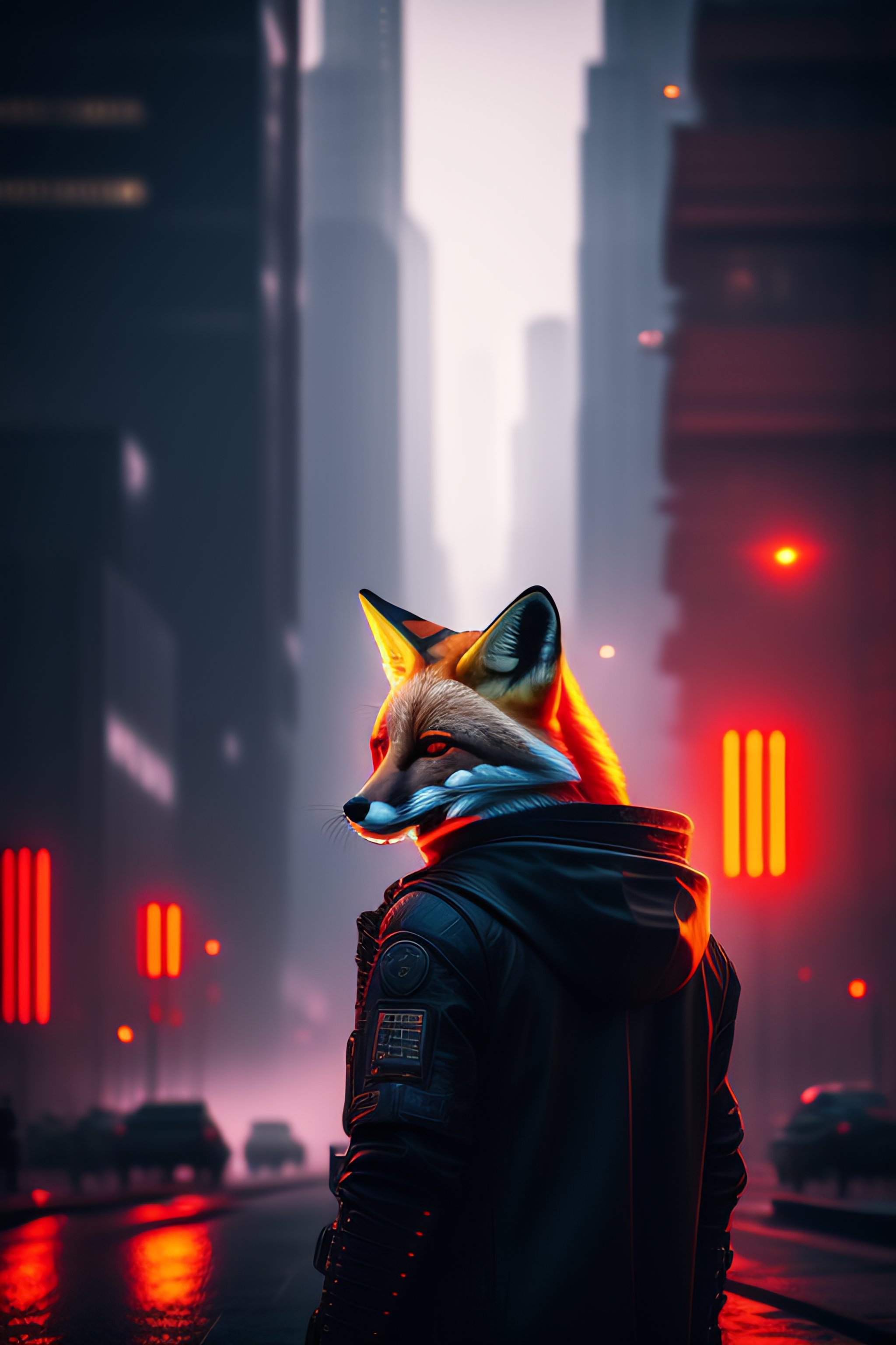 Lexica - Male red fox humanoid, red lights, metropolis, cyber punk ...