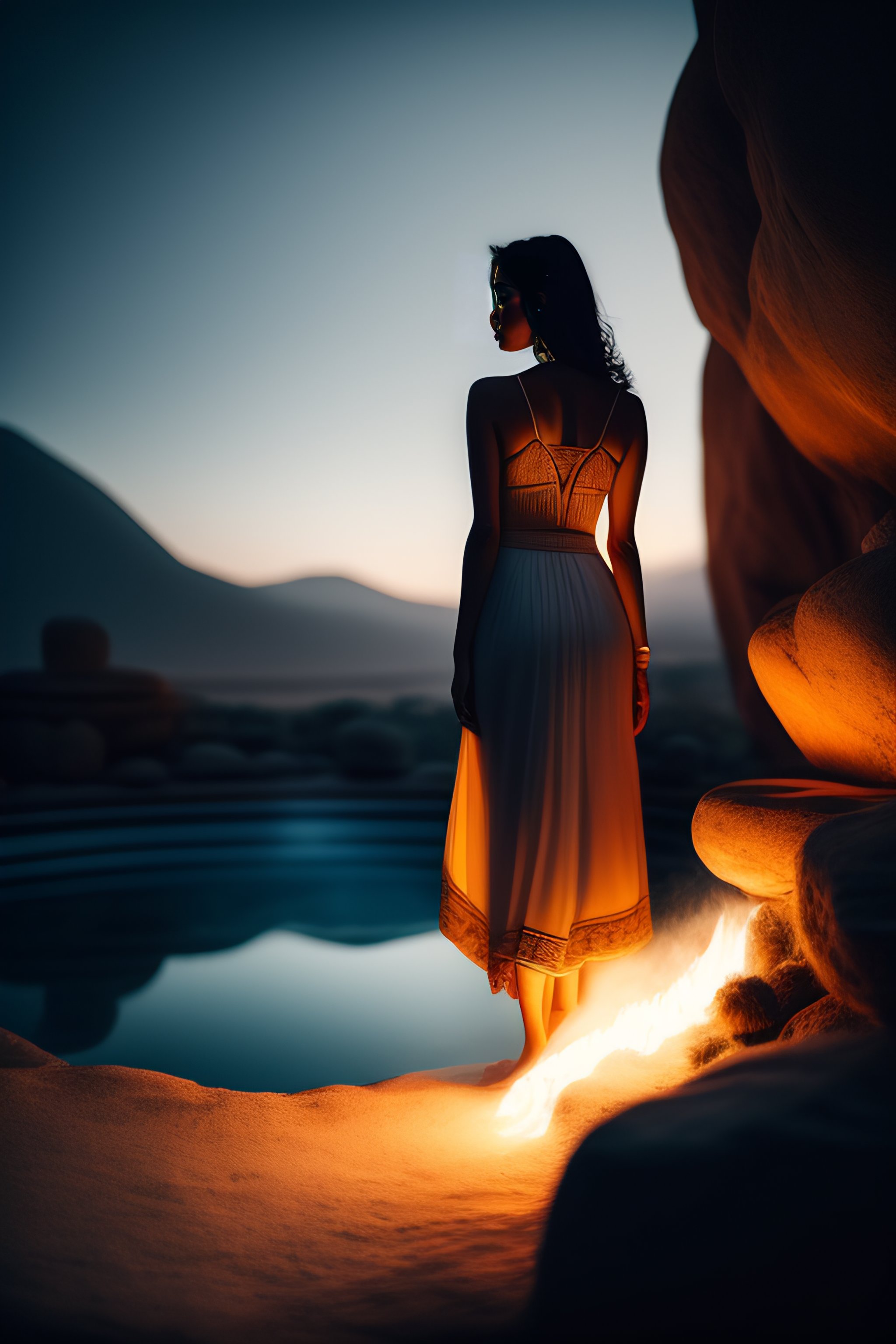 Lexica - Slim lightly dressed woman standing over a hotspring by ...