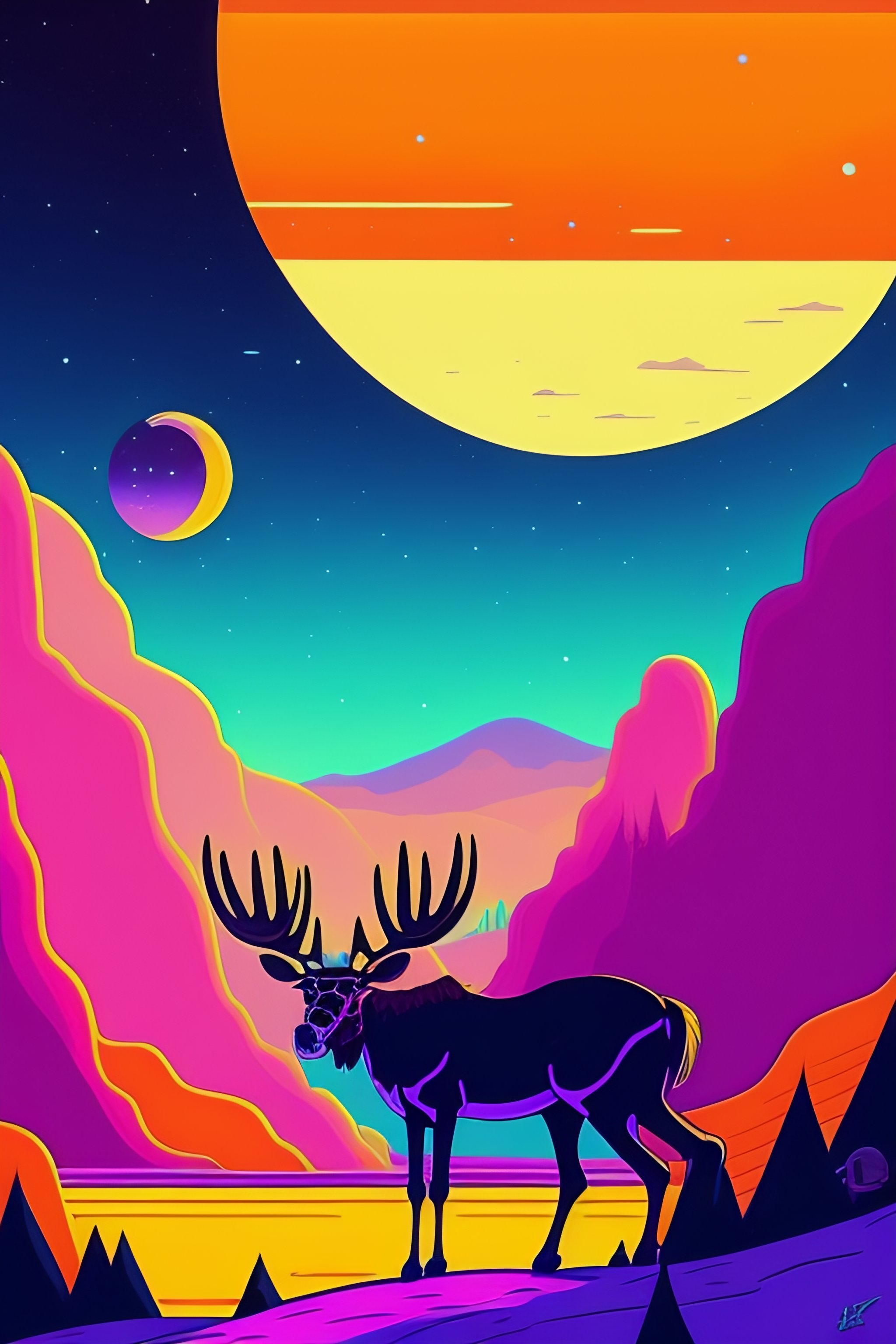 Lexica - 60s cartoon style photo of a huge savage skeleton moose in far ...