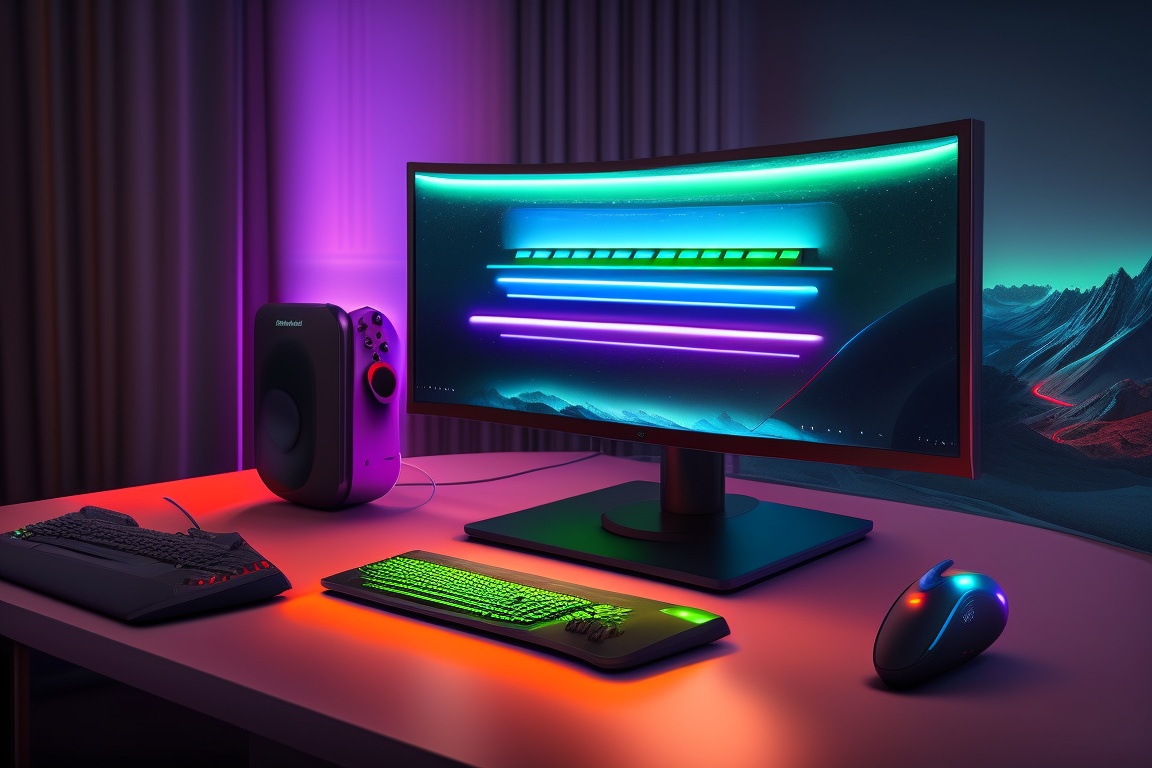 Lexica - Computer desk, streamer, monitor, joystick, neon, stream