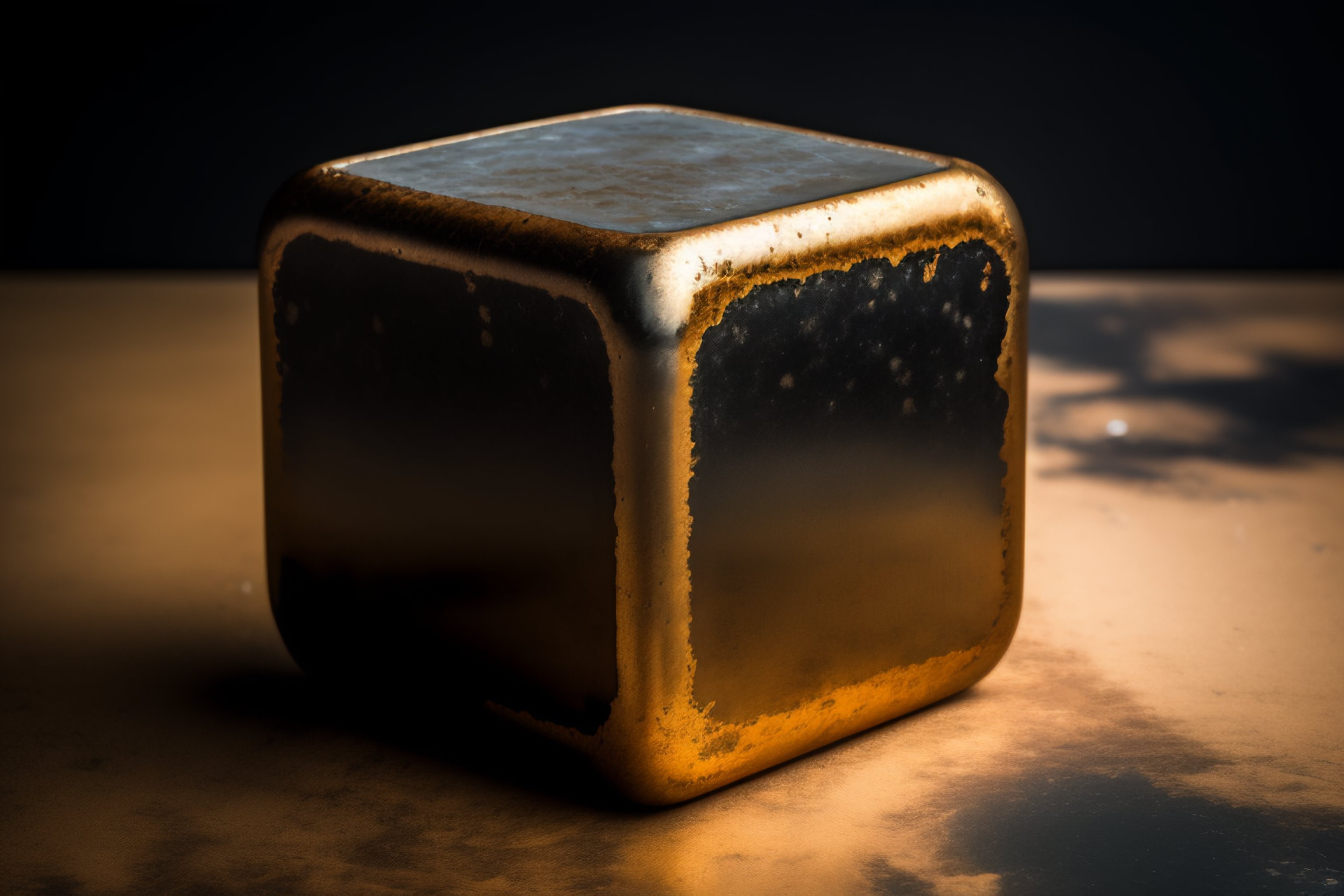 Lexica - Photograph of corroded metal cube with markings etched onto ...