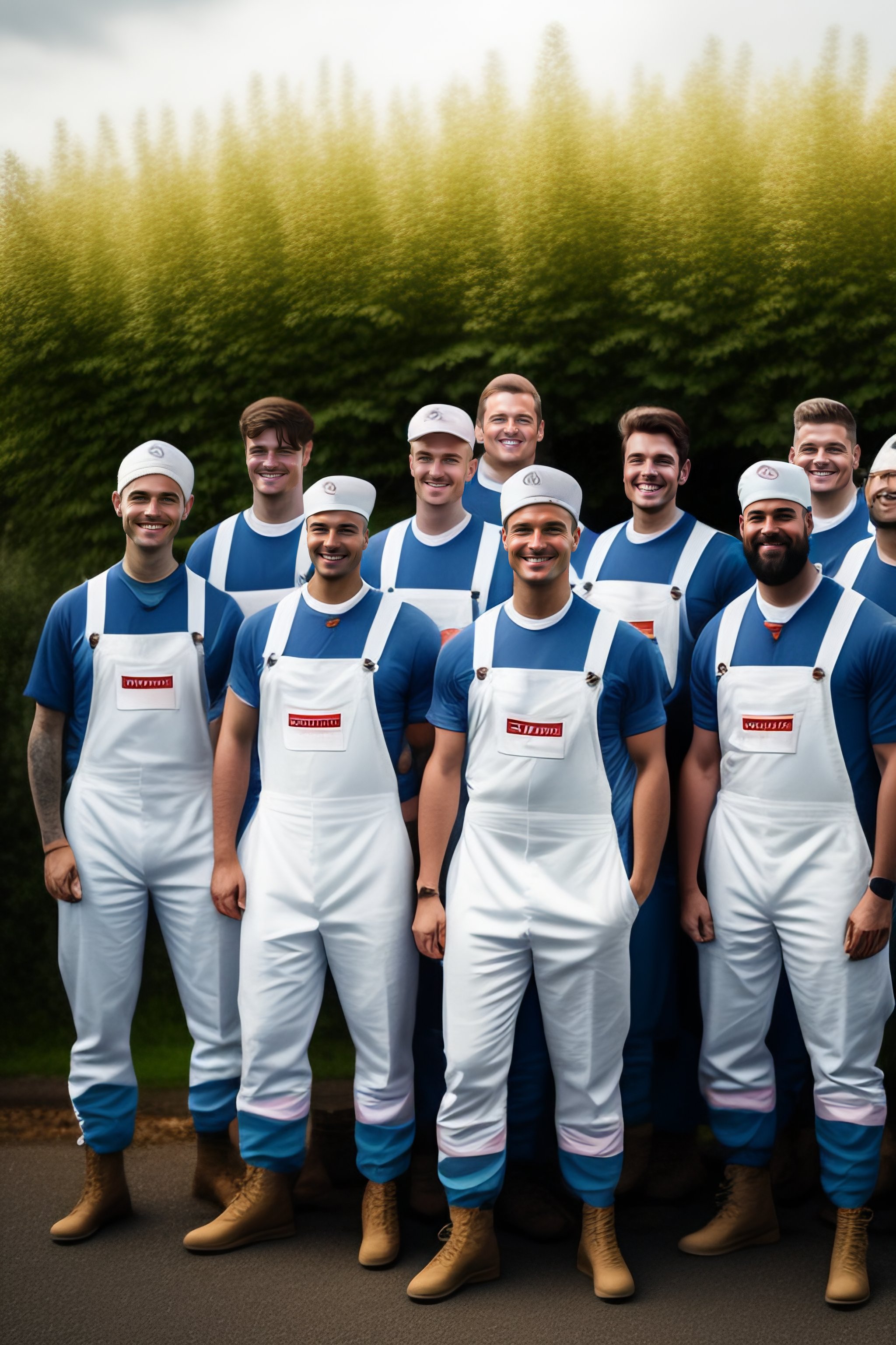 Lexica - An army of smiling painters wearing white dungarees, wide ...