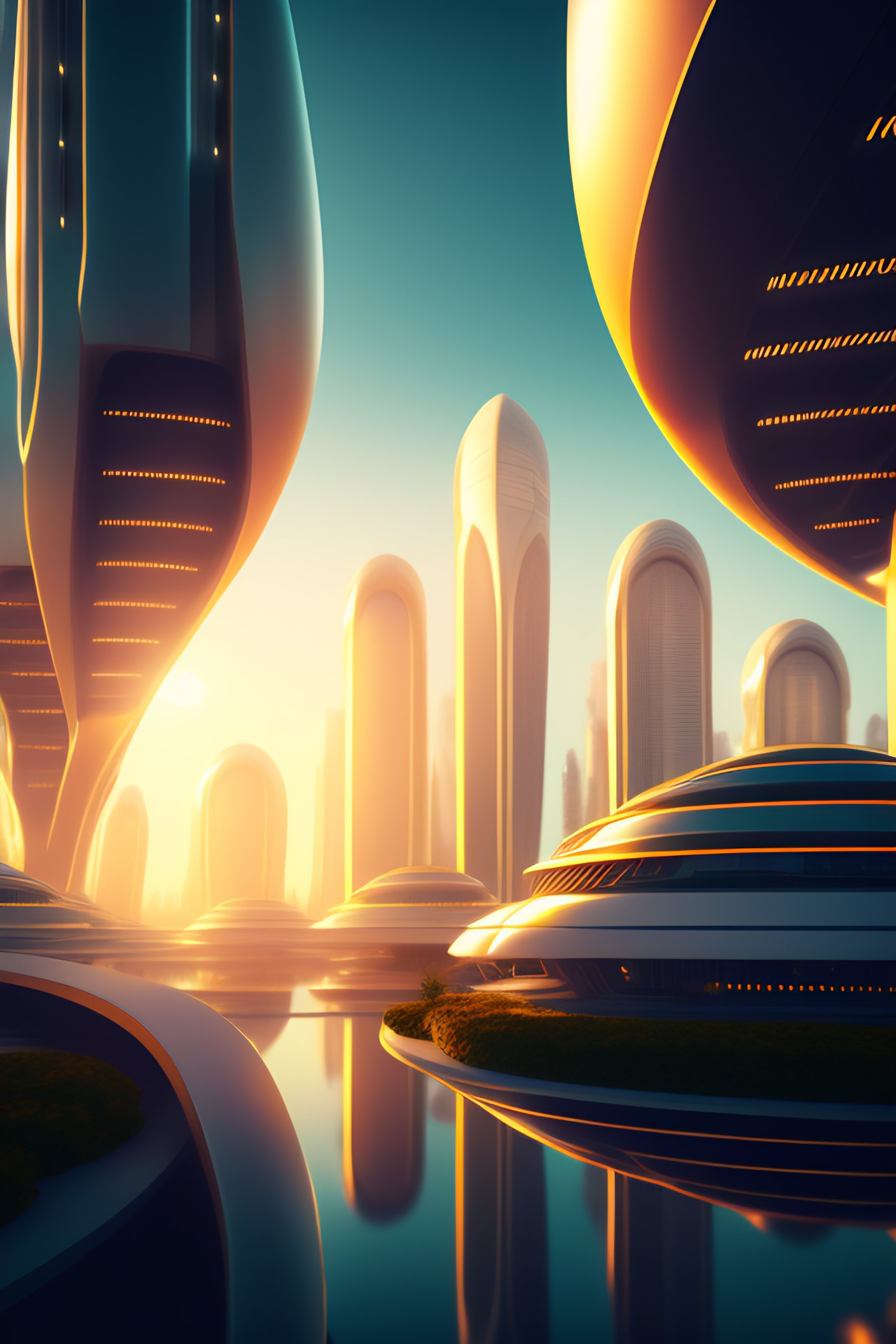 Lexica - Futuristic utopian city, central hub, spiral white buildings, golden sunset, research ...