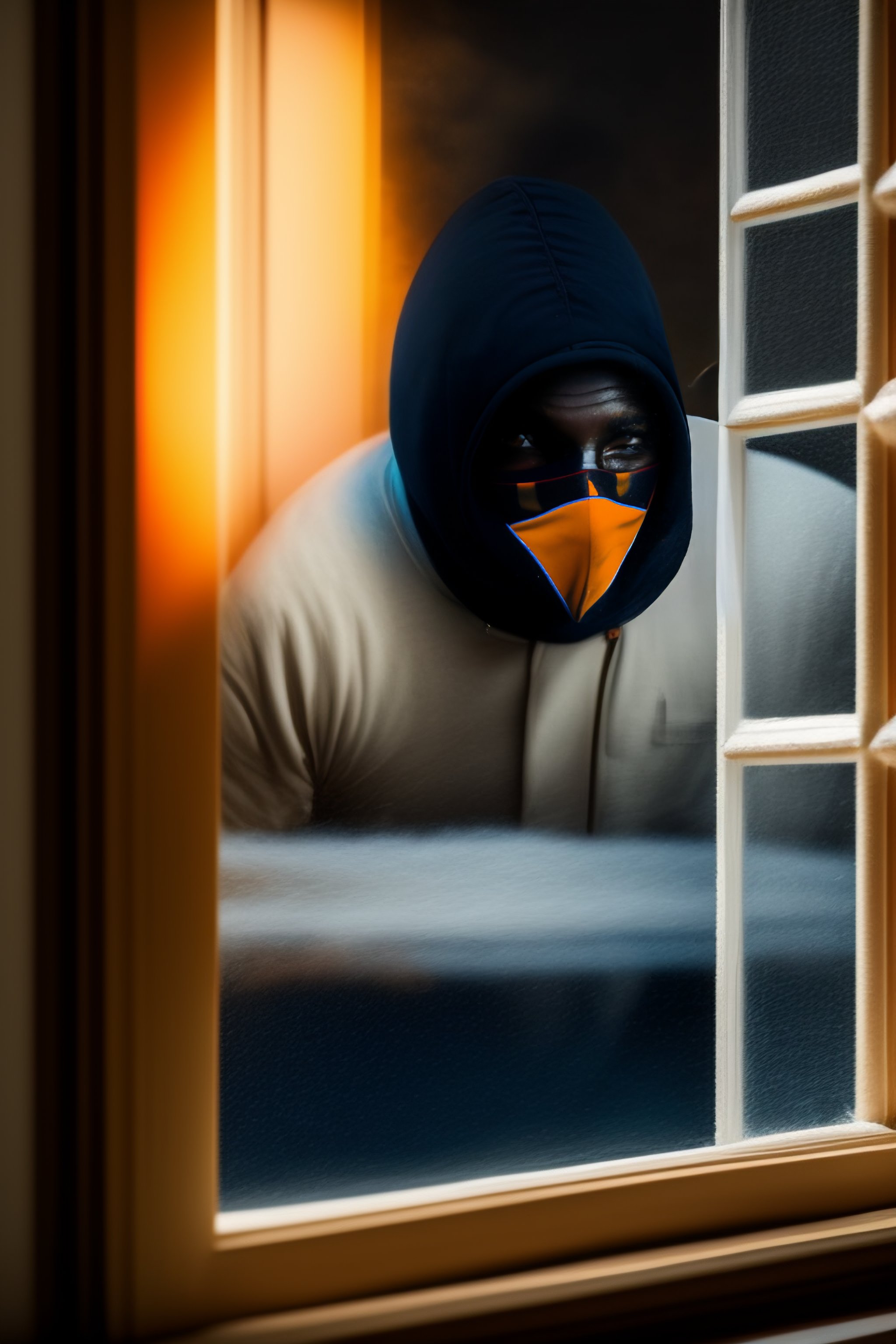 Lexica - Masked robber escaping out of a house by a window holding the ...