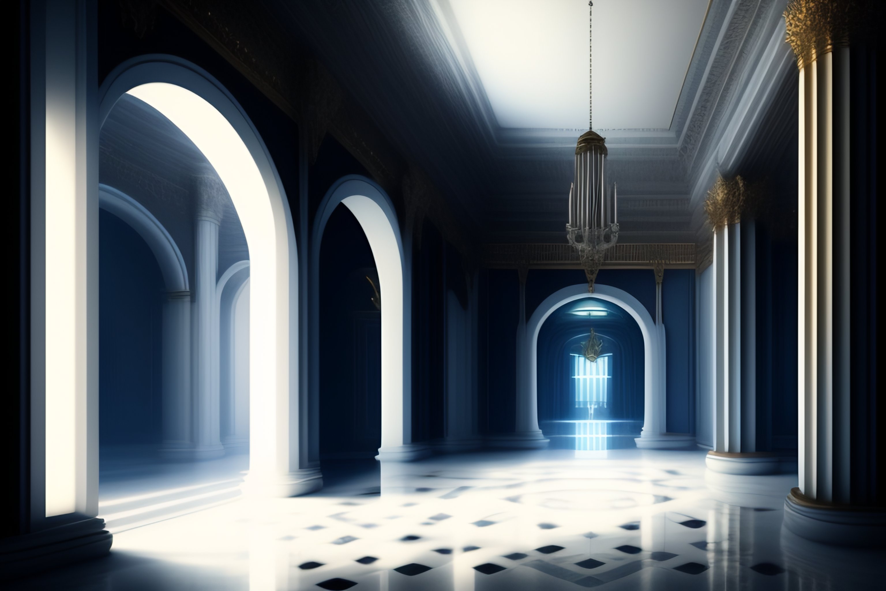 Lexica - A ilustration of a white colorless palace with a throne at the end of the hallway