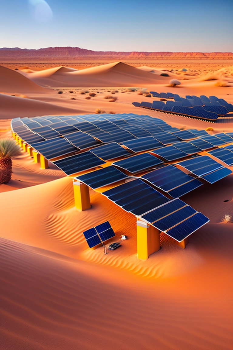 Lexica - Solar panels in the desert, connected to batteries