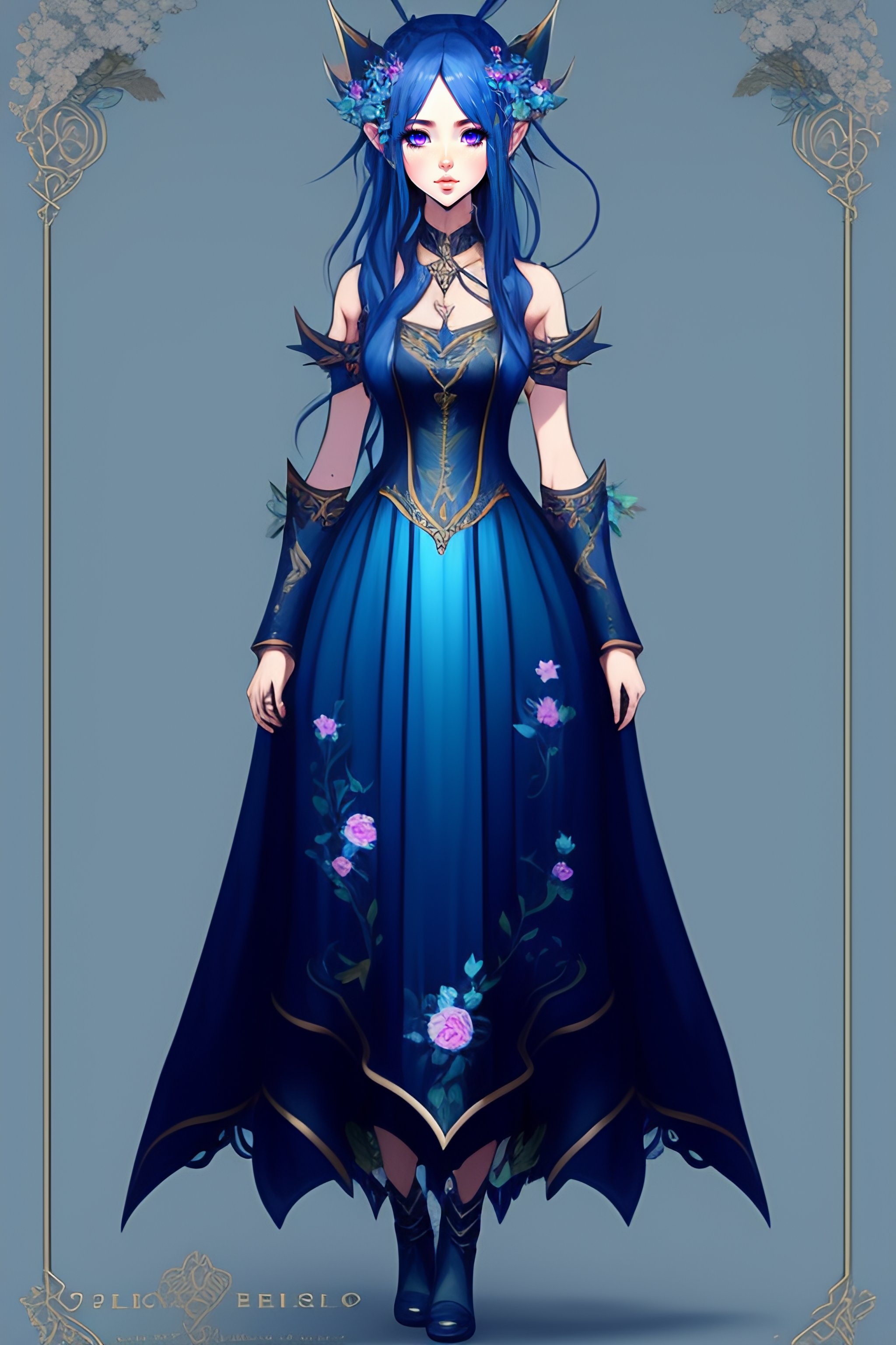 Lexica Forest Elf Dress Concept Art Dark Blue Palet Color Flowers