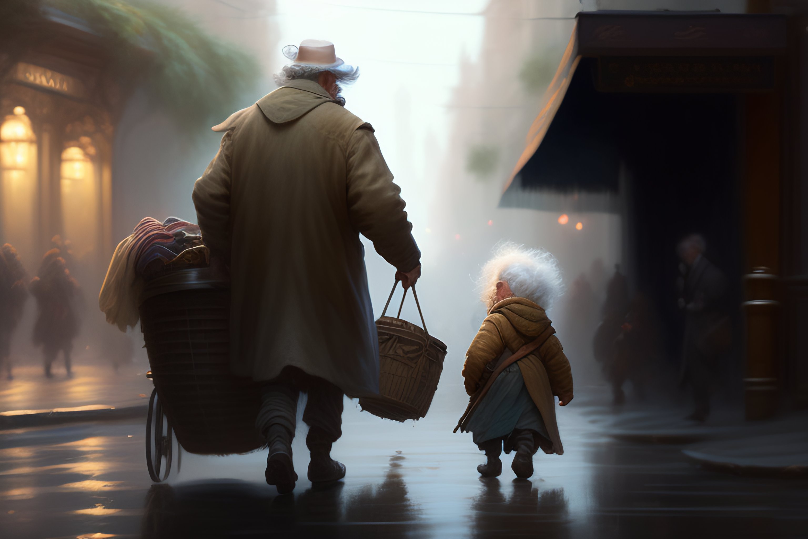 Lexica - An old man pushing a cart with messy clothes, a wrinkled old ...