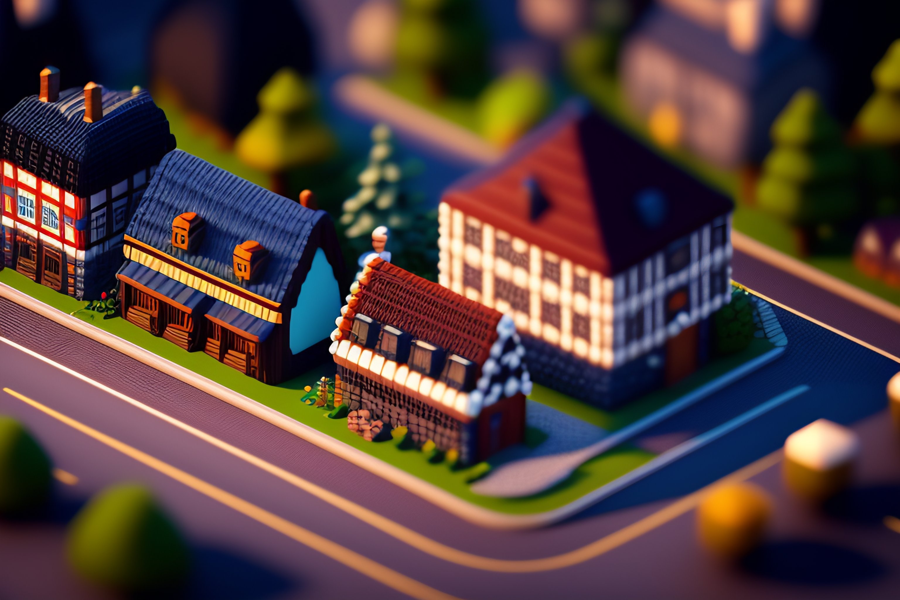 Lexica - Isometric norwegian town, unreal engine voxel render, pixel art