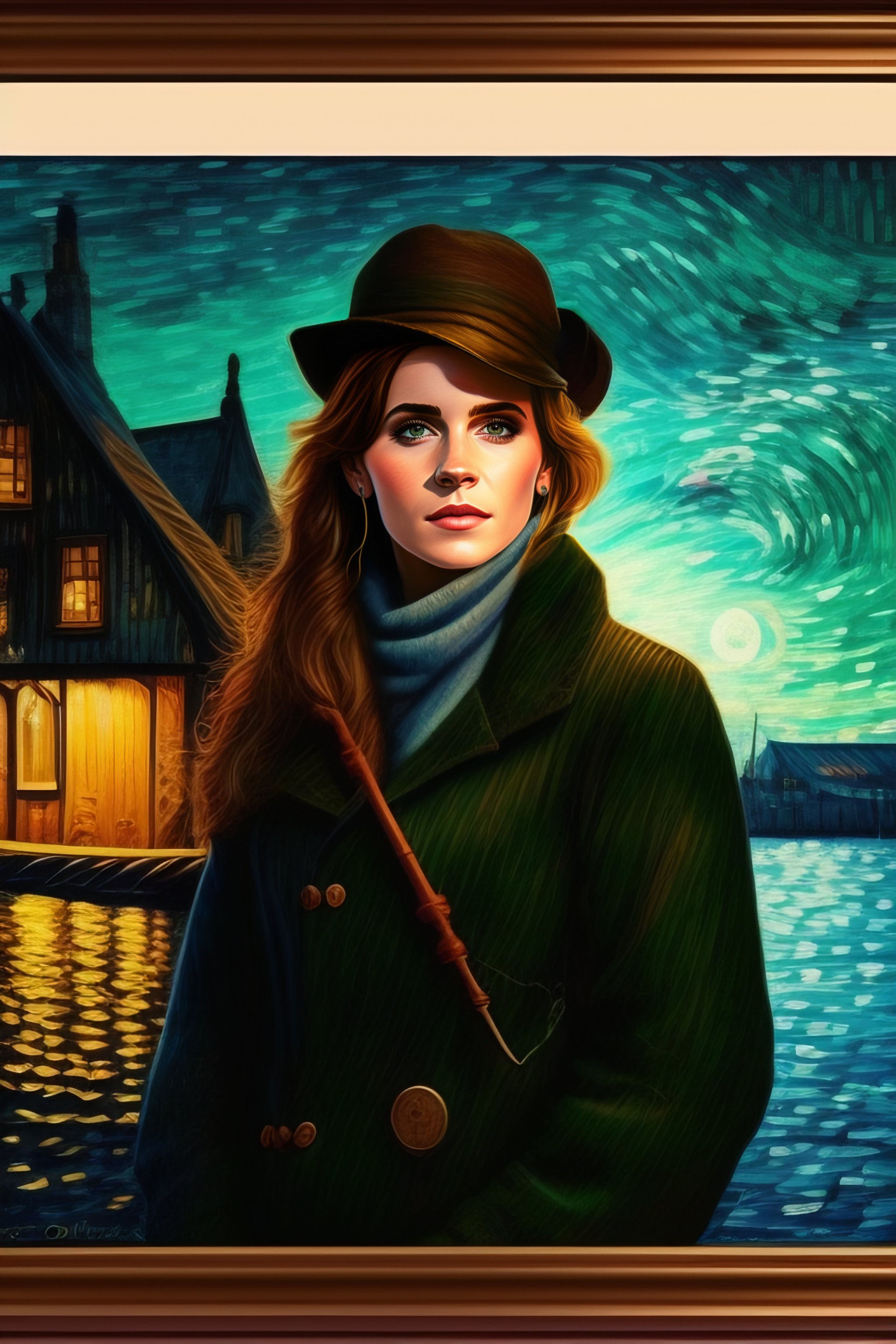 Lexica - Color line drawing of fisherman emma watson in night port, van ...