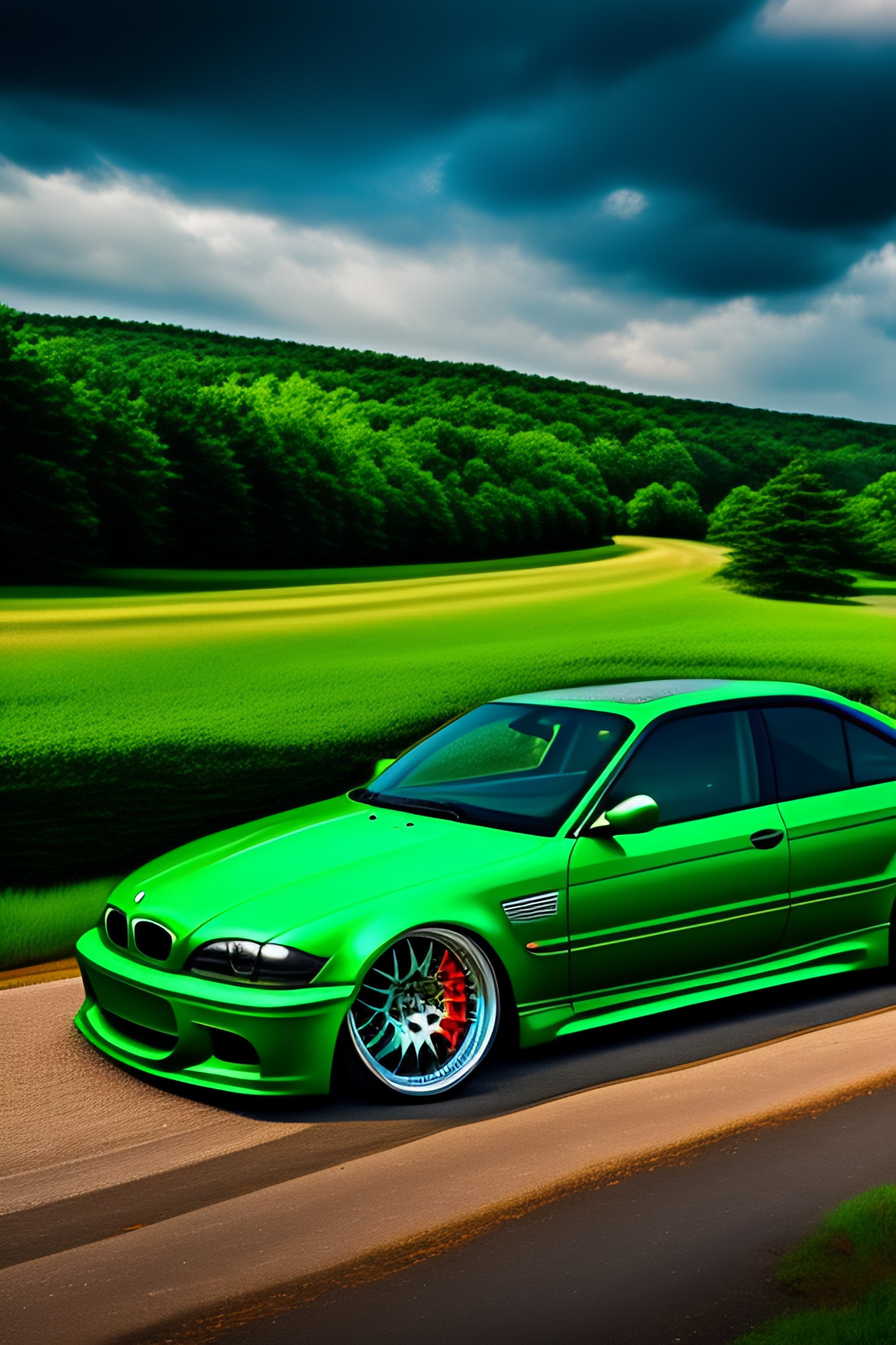 Lexica - Green e46 bmw, stock sedan, driving through connecticut, realistic